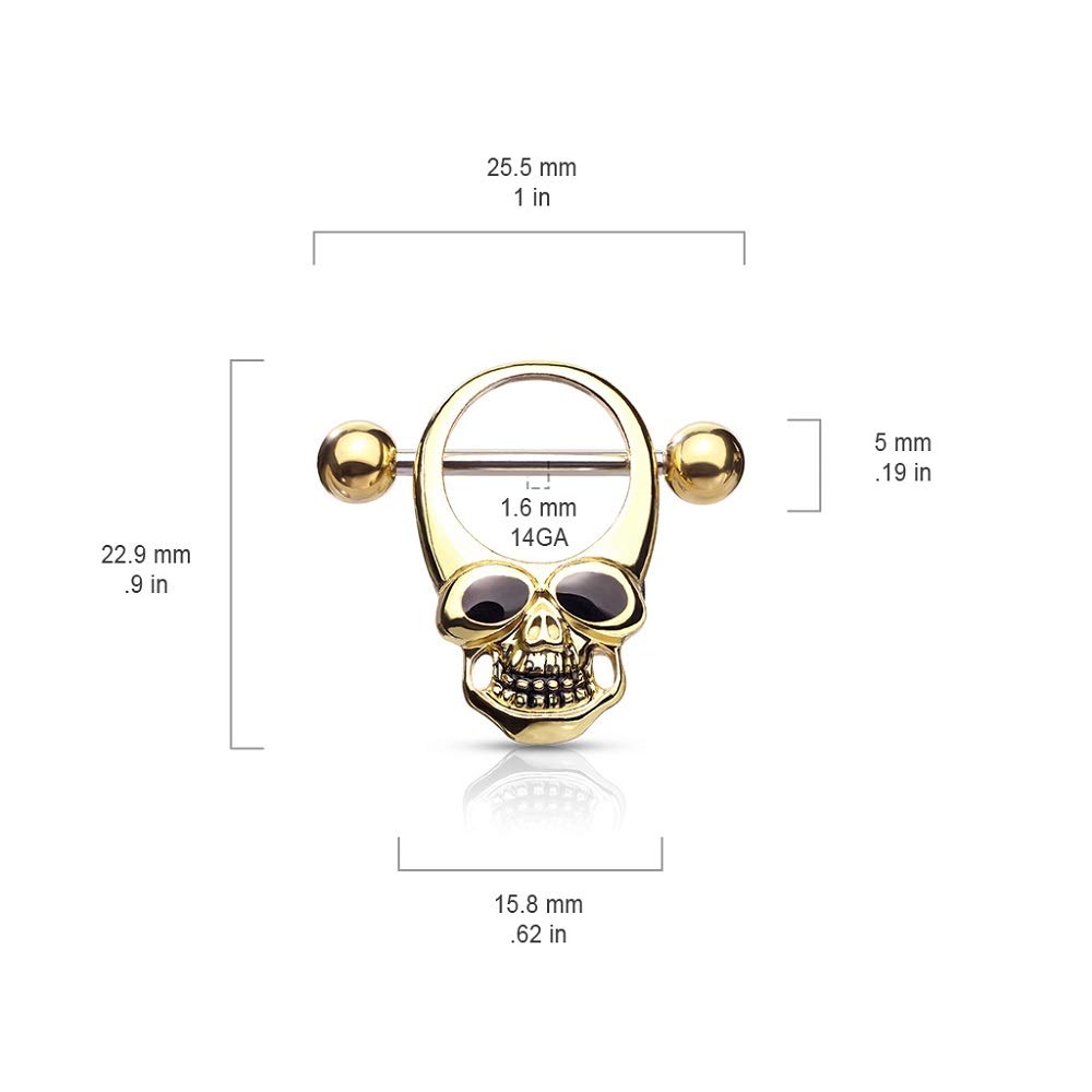 Pierced Owl 14G Stainless Steel Skull Head Nipple Shields, Sold as a Pair (Black)