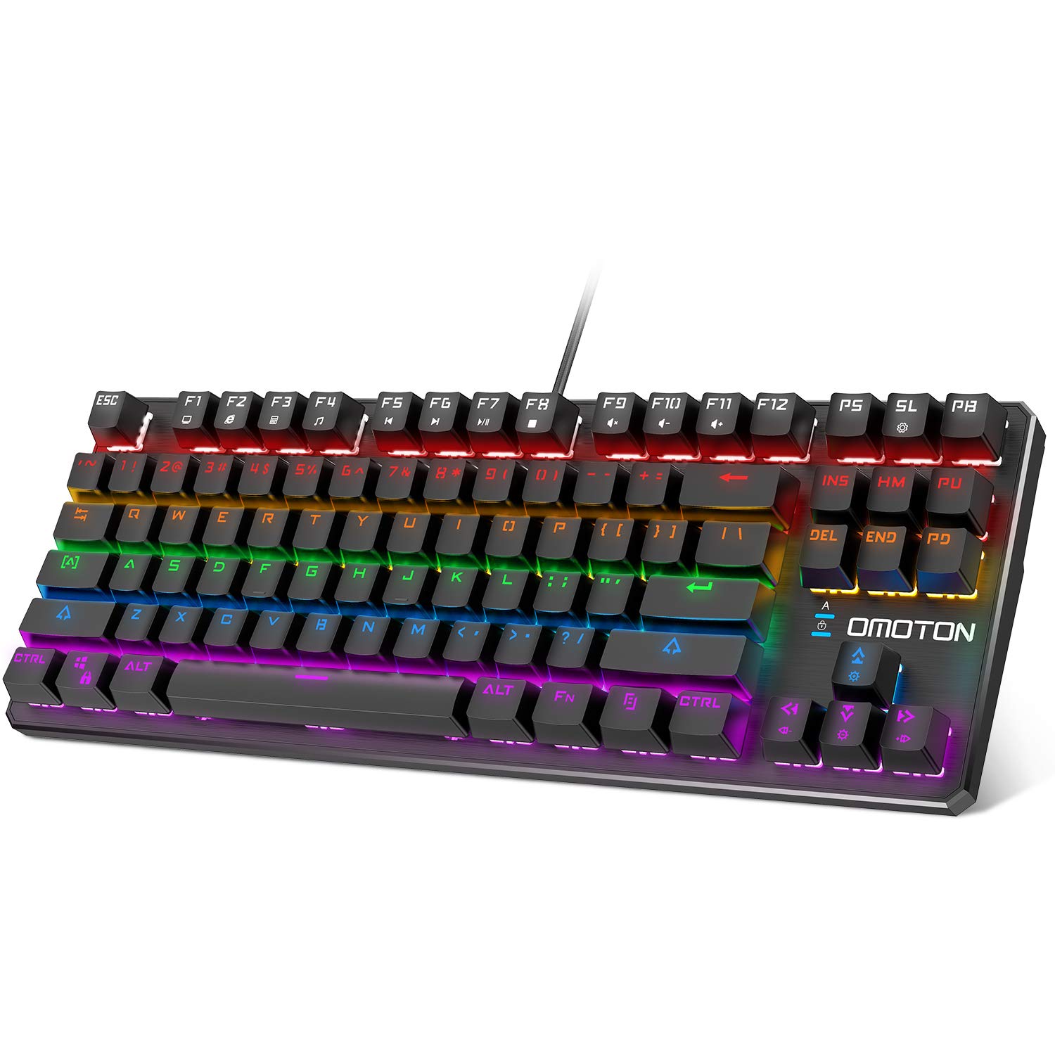 OMOTON Mechanical Gaming Keyboard, Blue Switch Rainbow Backlit Wired Keyboard, 87-Key Anti-Ghosting Tenkeyless Keyboard for PC, Desktop, Gamer Computer, Black
