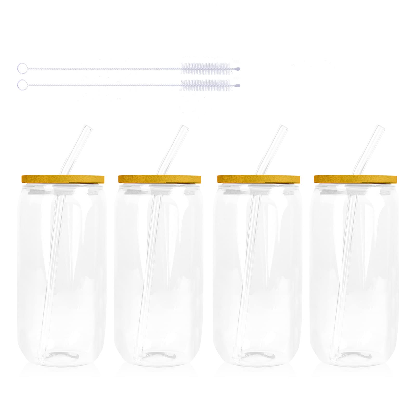 Sohapy Drinking Glasses 4pcs Set, Can Shaped Cups with Bamboo Lids and Glass Straw, 16oz Beer Glasses, Tumbler Cup, Wine Whiskey Cups Iced Coffee Glasses, Ideal for Cocktail, Gift - 2 Cleaning (4)