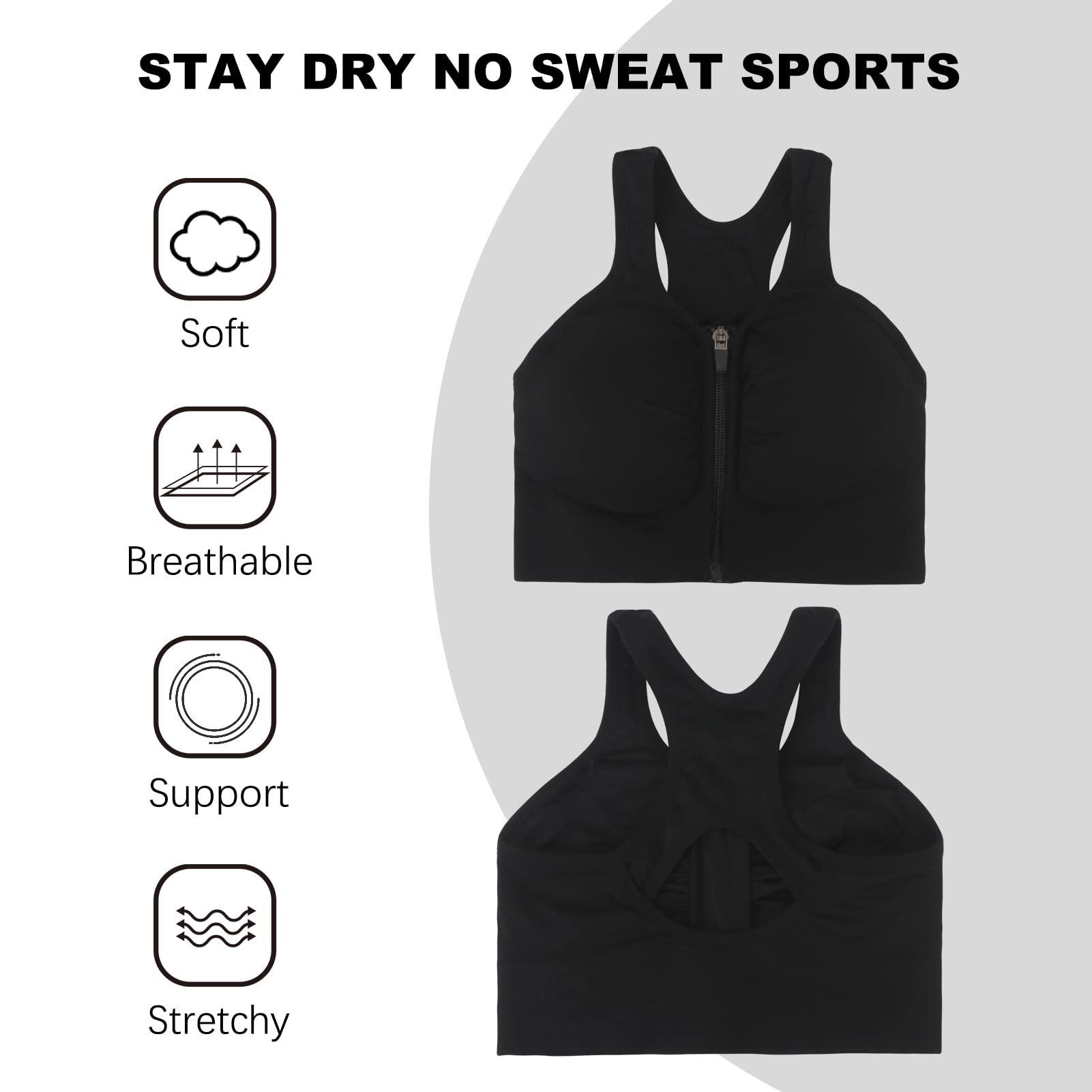 Unaone Sport Bras for Women, Soft Padded Breathable Seamless Comfort with Zipper for Running Workout Yoga Bra Black