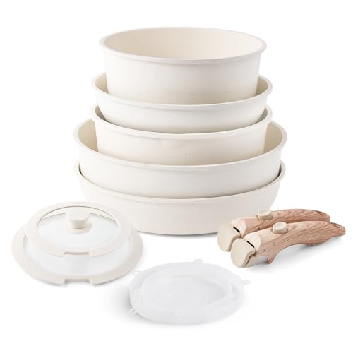 Nonstick Cookware Set - Stackable Pots and Pans Set Detachable Handle Camping Cookware, Granite Kitchen Cookware Sets Removable Handle, Non Toxic Nonstick Frying Pans for Cooking Set Gift