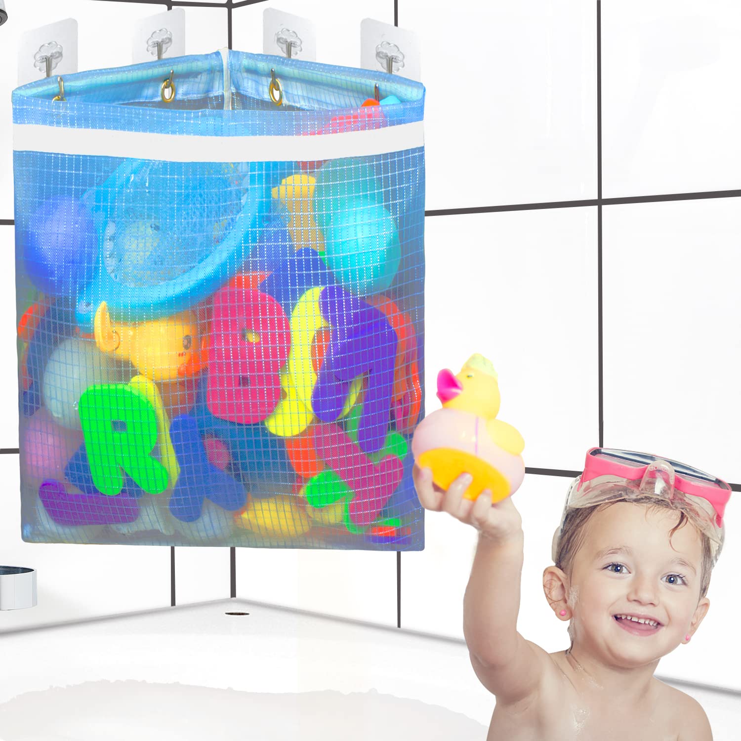 ππππππ ππππ‘ Toy Corner Storage , Hanging Bath Toy Storage for Baby Toys with Adhesive Hooks, Can Hold Up to 16 L, Large Bath Toy Storage for Toddlers 15.74*11*11in
