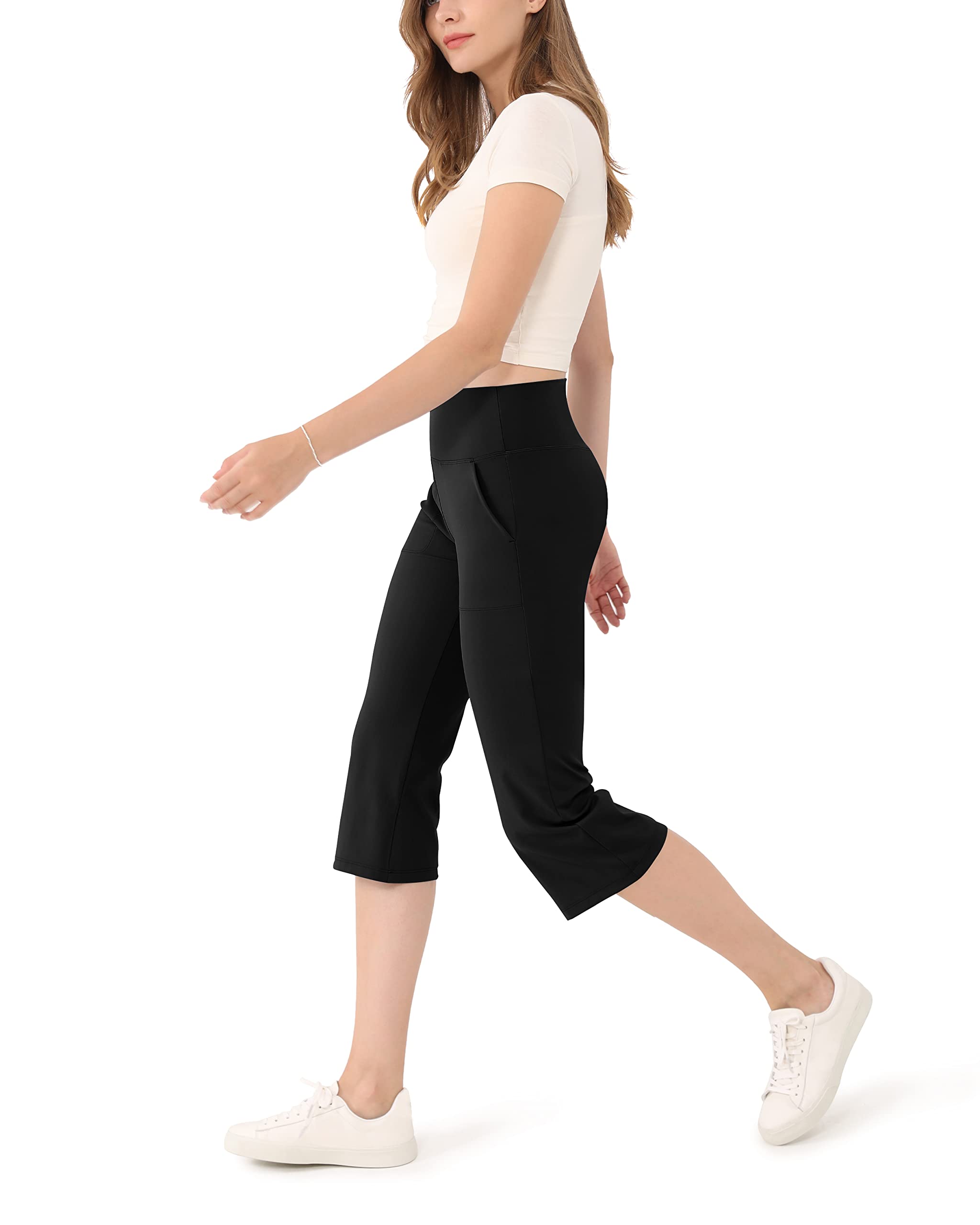 ODODOS Women's Bootleg Yoga Capris with Pockets High Waisted Bootcut Yoga Capris Tummy Control Work Capri Pants for Women, Black, XX-Large