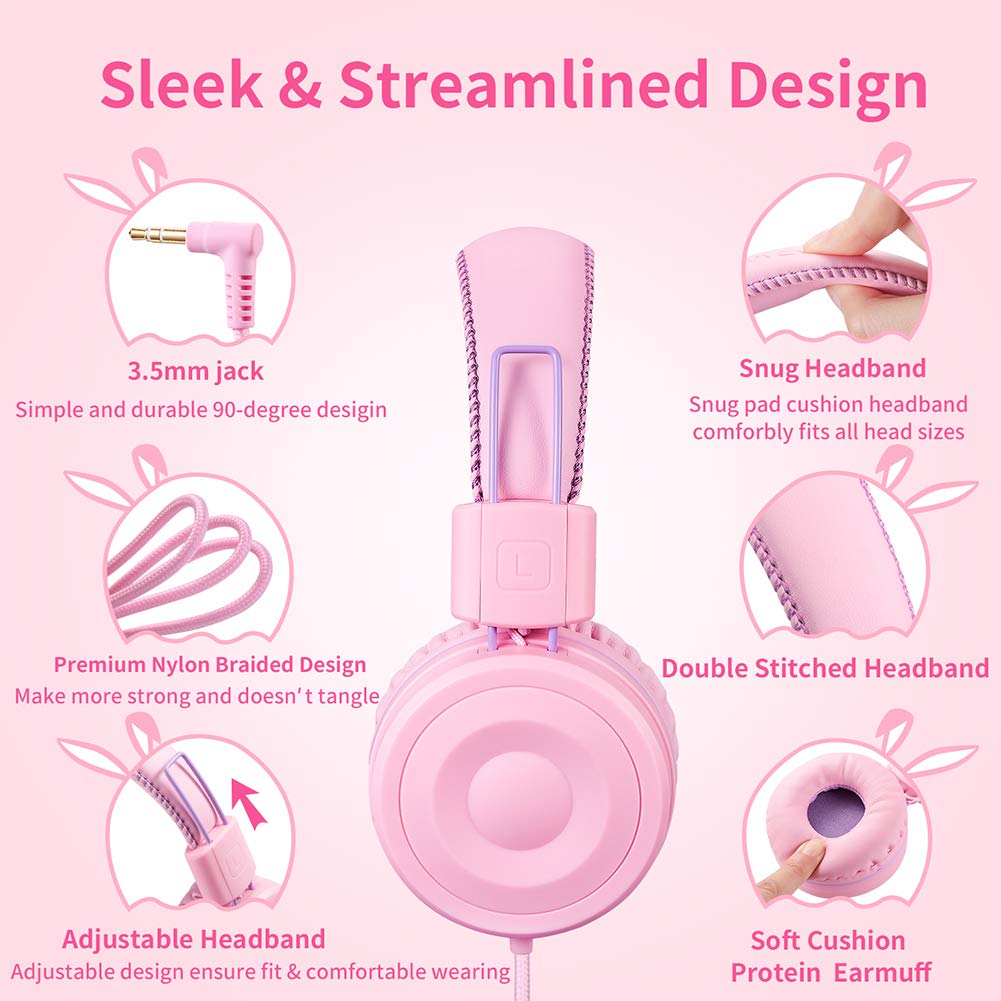POWMEE M1 Kids Headphones Wired Headphone for Kids,Foldable Adjustable Stereo Tangle-Free,3.5MM Jack Wire Cord On-Ear Headphone for Children (Pink)