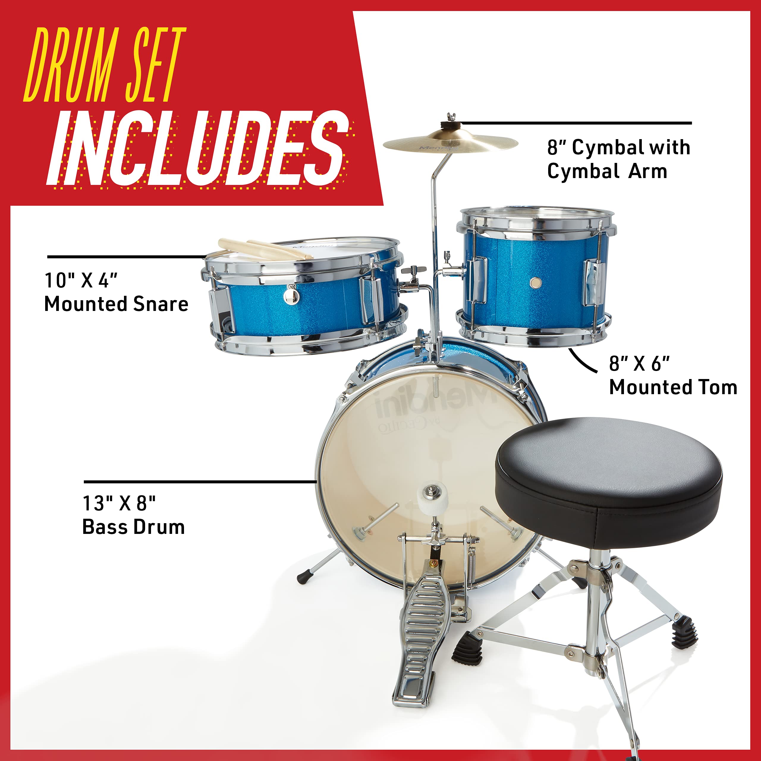 Mendini by Cecilio 13 inch 3-Piece Kids/Junior Drum Set with Throne, Cymbal, Pedal & Drumsticks, Metallic Black, MJDS-1-BK