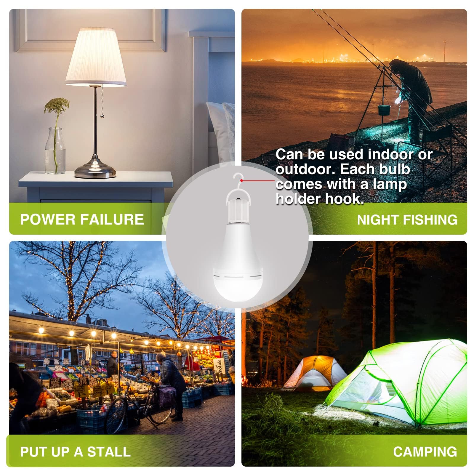 Neporal 4 Pack Emergency-Rechargeable-Light-Bulb, Stay Lights Up When Power Failure, 1200mAh 15W 80W Equivalent LED Light Bulbs for Home, Camping, Tent (E27, with Hook) (Daylight)