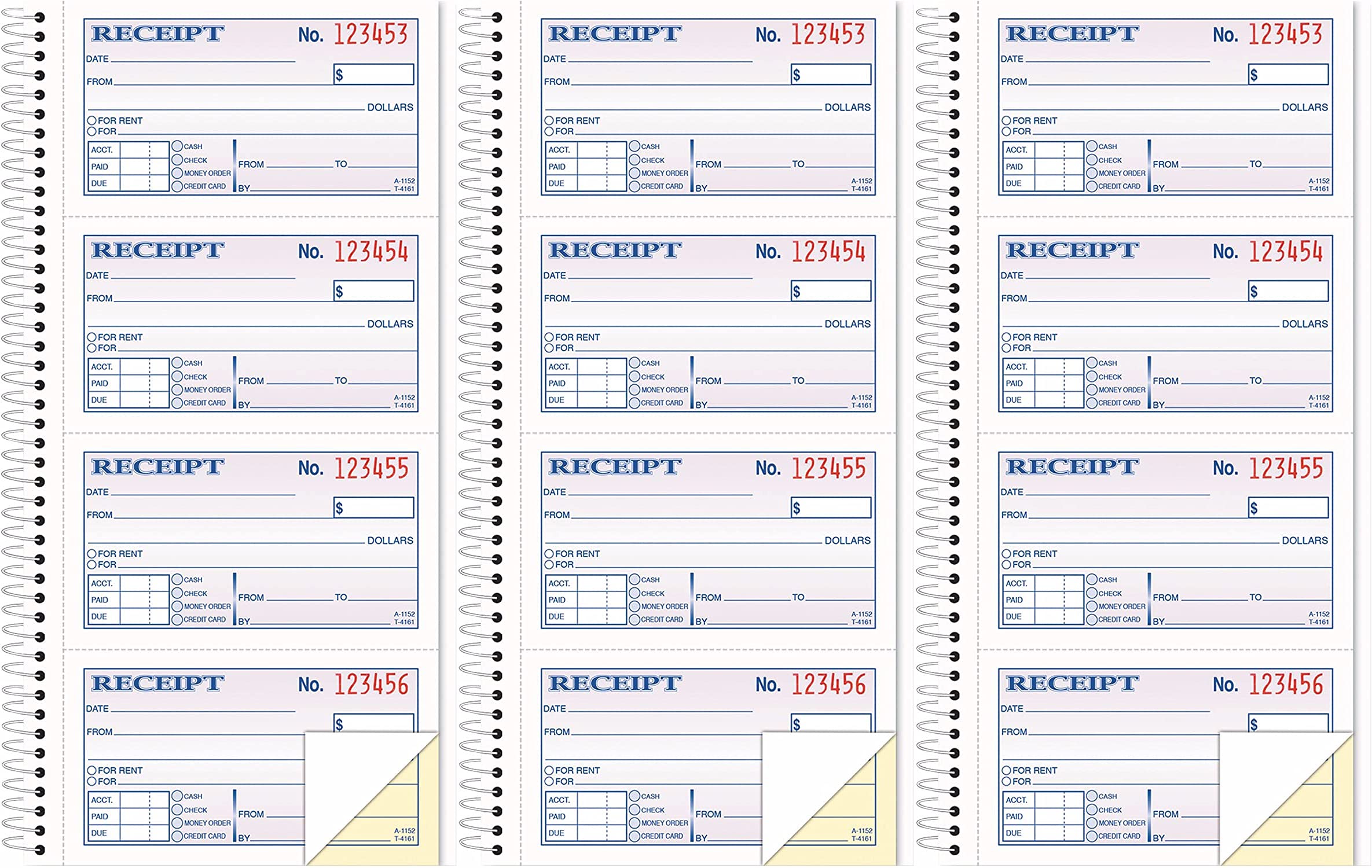 Money/Rent Receipt Book, 2-Part, Carbonless, 11 x 5.25 Inches, 4 Receipts/Page, 200 Sets per Book (4161), White Pack of 3