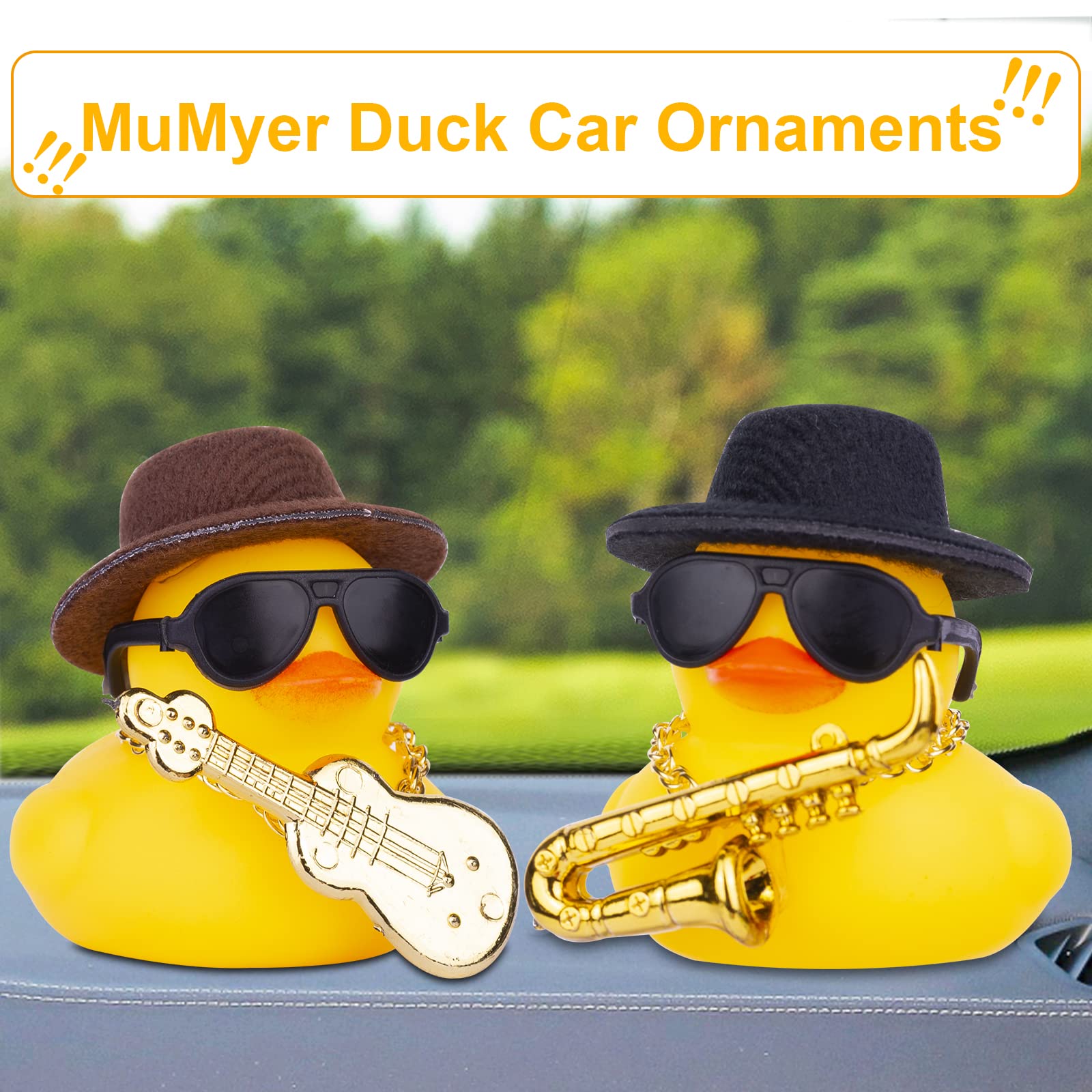 MuMyer Car Rubber Duck, Yellow Duck Car Dashboard Decorations with Mini Top Hat Musical Instrument Sunglasses Necklace(Black)