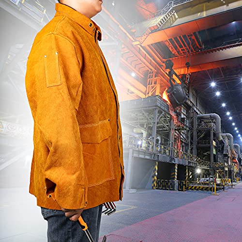 Welding Leather Jackets Flame-Resistant Heavy Duty Split Cowhide Leather Welder Jacket for Men & Women XX-Large, (Large, Brown)