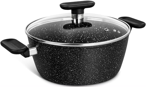 MICHELANGELO 4 Quart Cooking Pot with Lid, Nonstick Stock Pot, Granite Soup Pot with Lid, Induction Pot with Stay-cool Handle, 4 Qt Stockpot Non Stick Pot Black