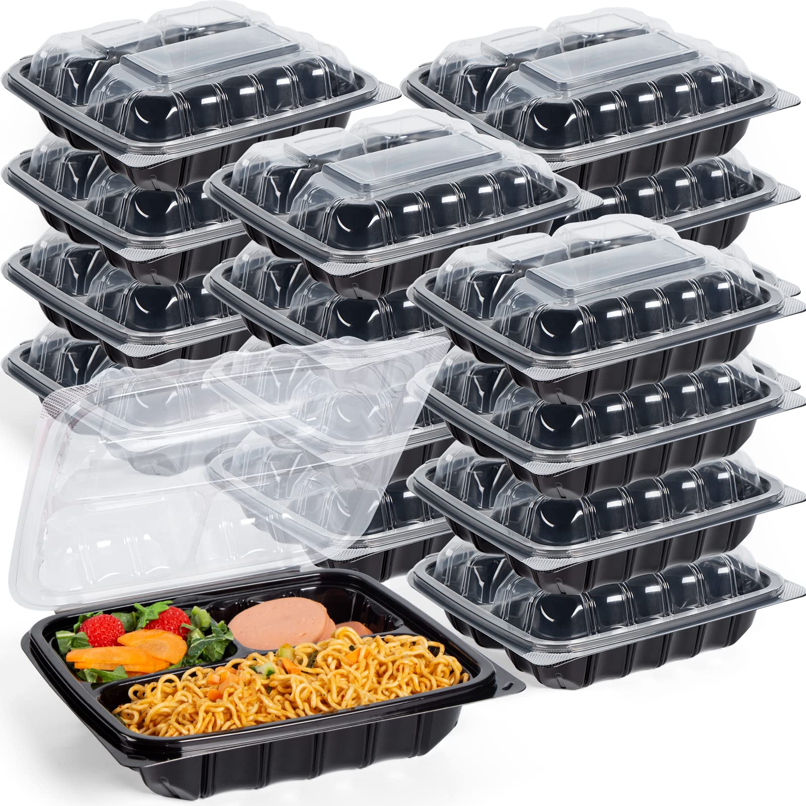 YANGRUI Clamshell Food Containers, Large Capacity 45 Pack 9.5 Inch 38 oz Anti-Fog Leak Proof Shrink Wrap 3 Compartment To Go Containers BPA Free Microwave Freezer Safe Plastic Meal Prep Container