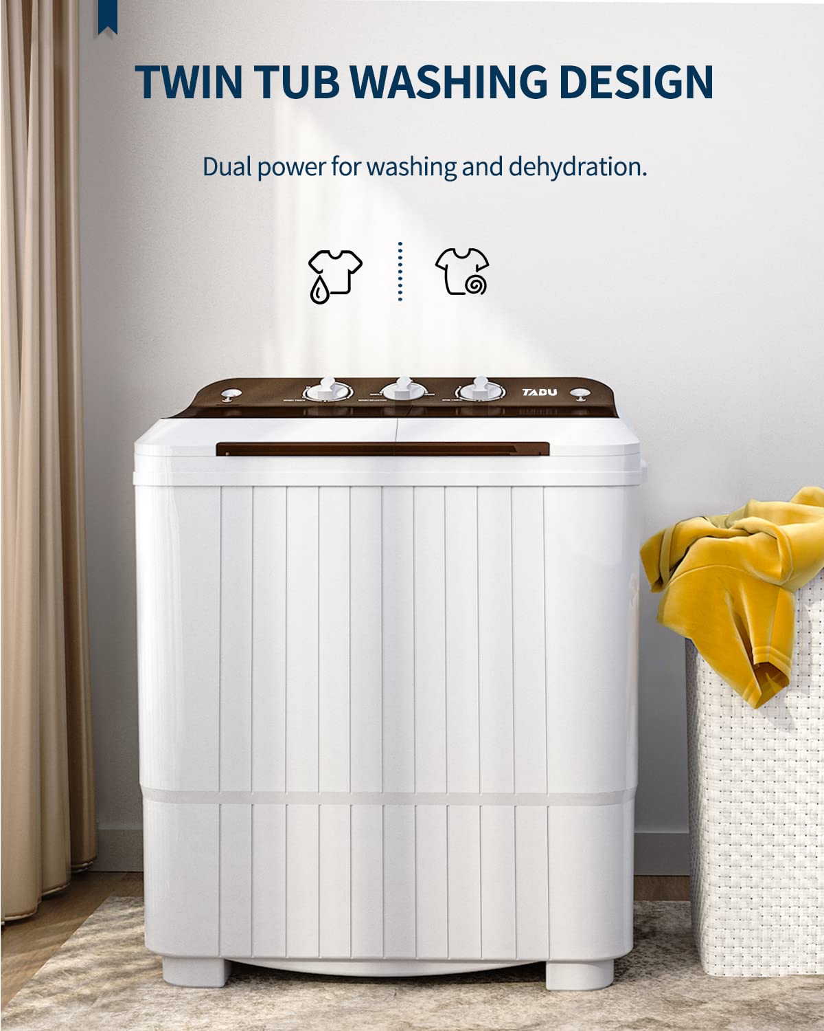 TABU Portable Washing Machine, 2 in 1 Washer Machine, Twin Tub Washing and Spining Combo Machine, 16.5LBS Portable Washer for Apartment, Dorms, RVs, Camping and More, White&Brown