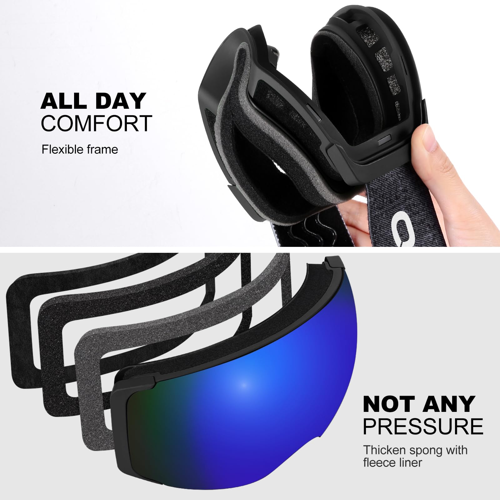 Odoland Magnetic Interchangeable Ski Goggles with 2 Lens, Large Spherical Frameless Snow Snowboard Goggles for Men Women, White Frame Lightblue Lens vlt 12%