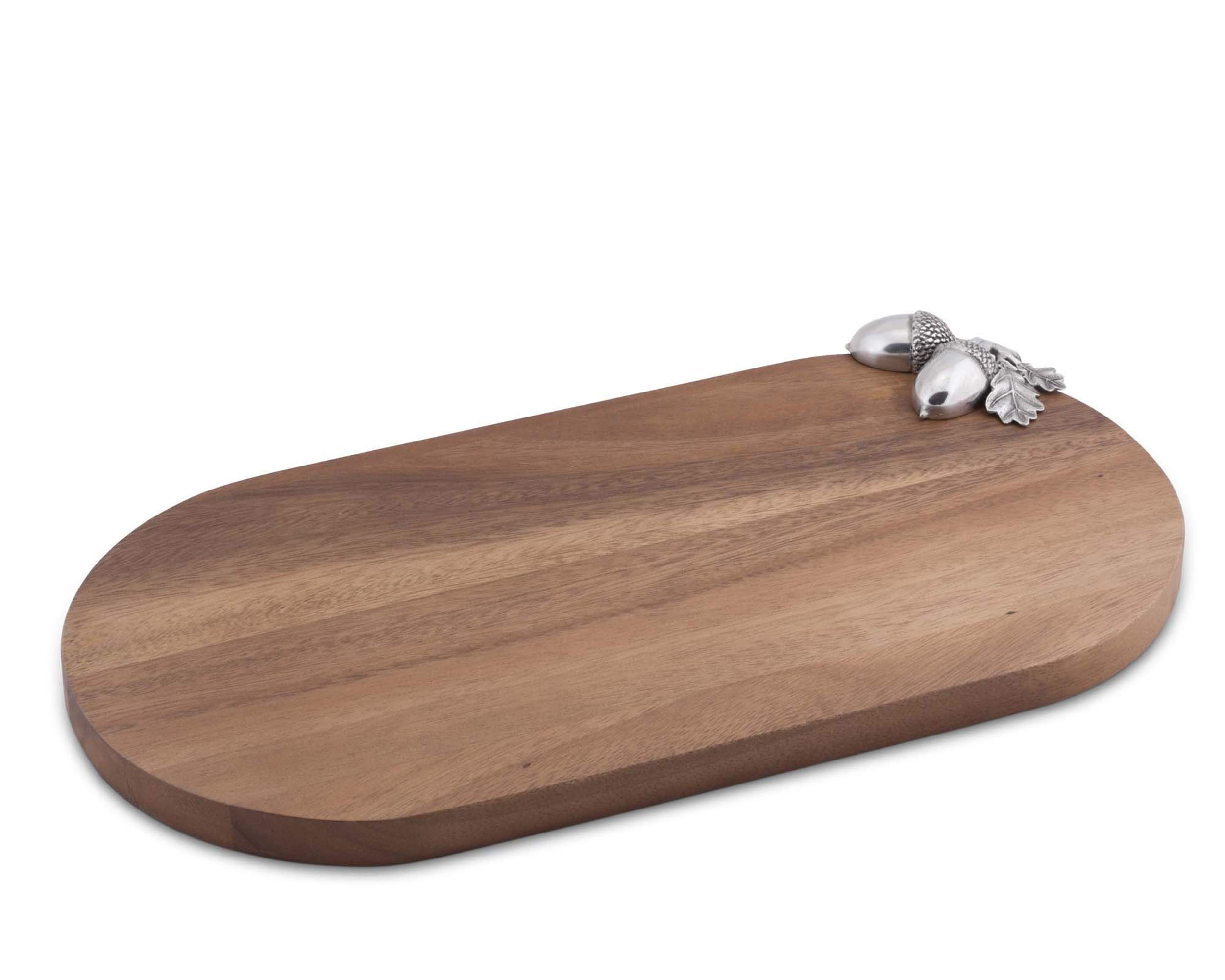 Vagabond House Cutting Bar/Cheese Acacia Wood Board with Pewter Metal Acorn 16.5 inch Long x 9 inch Wide