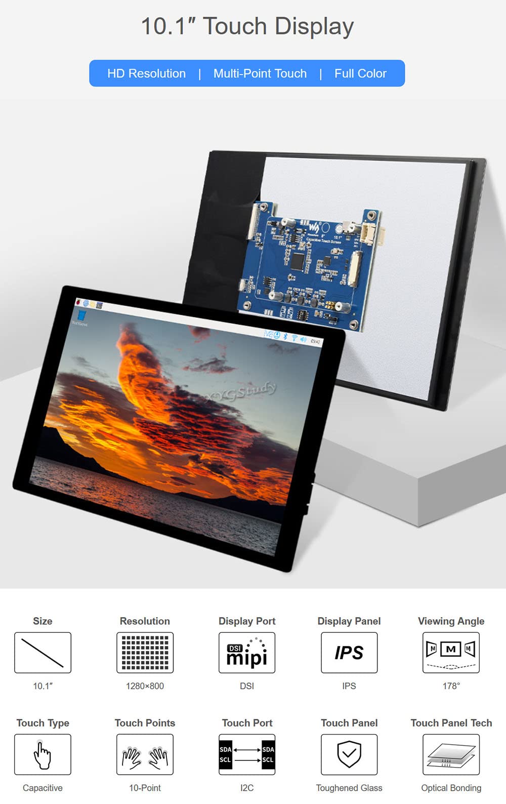 XYGStudy 10.1inch IPS DSI 1280×800 Capacitive Touch Optical Panel Screen Display for Raspberry Pi 4 3 Model B B+ A+, CM3/3+/4 (10.1inch DSI LCD (C))