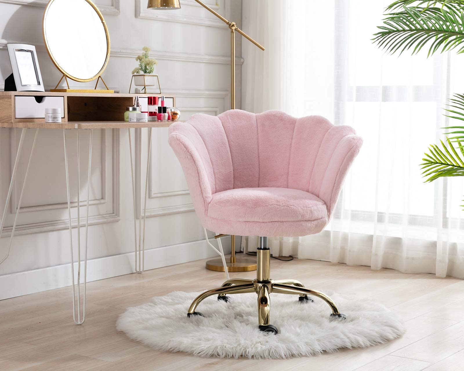 Pink Desk Chair Fluffy Task Vanity Chair Home Office Chair Adjustable Rolling Swivel Chair with Wheels for Teens Adults Bedroom Study Room, Faux Fur
