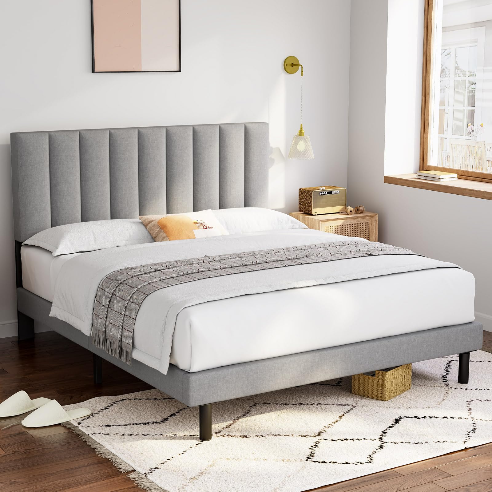 Molblly Full Size Bed Frame Upholstered Platform with Headboard and Strong Wooden Slats,Mattress Foundation,Non-Slip and Noise-Free,No Box Spring Needed, Easy Assembly,Light Gray