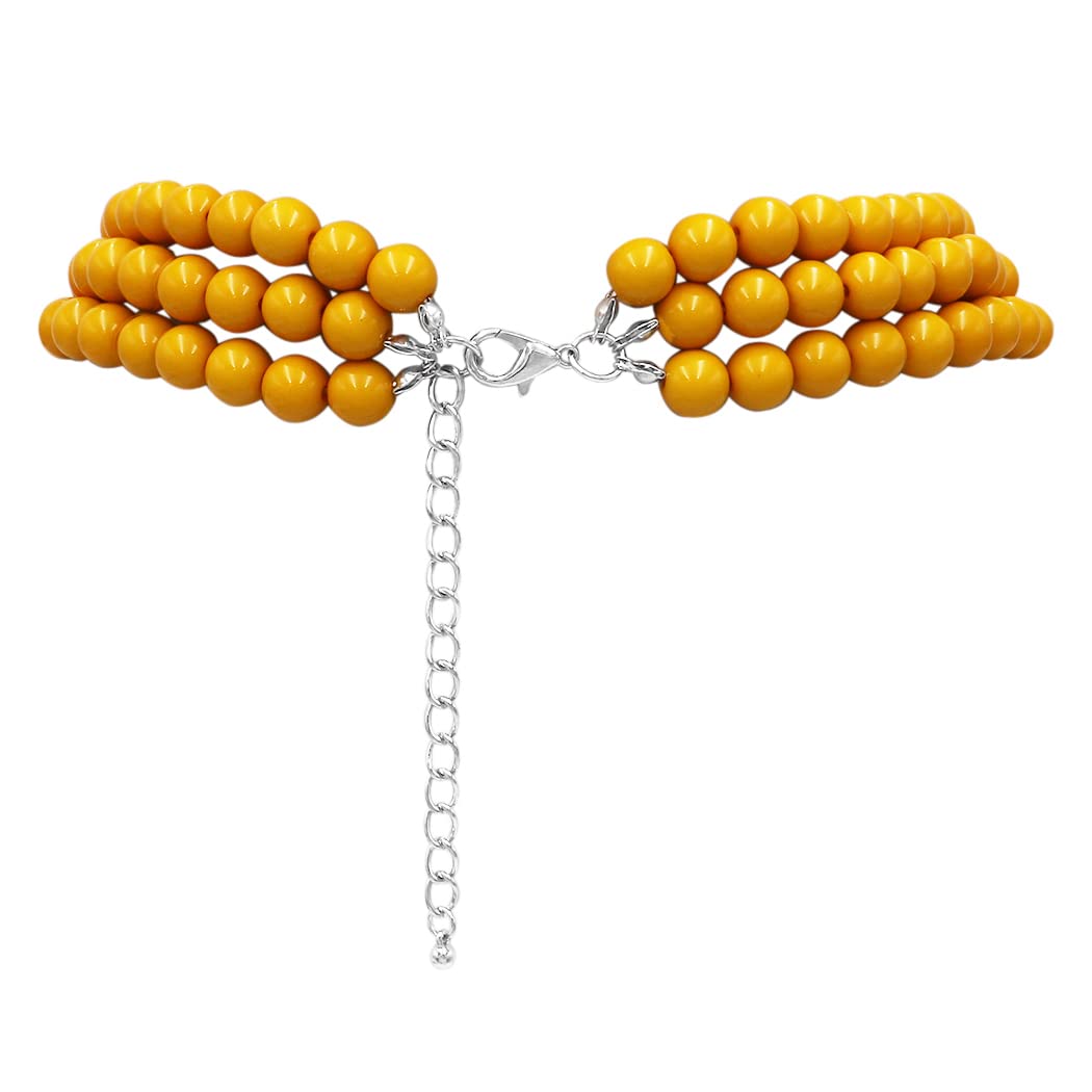 Rosemarie & Jubalee Women's 3 Colorful Multi Strands Simulated Pearl Necklace And Earrings Jewelry Gift Set, 18"+3" Extender (Mustard Yellow Silver Tone)