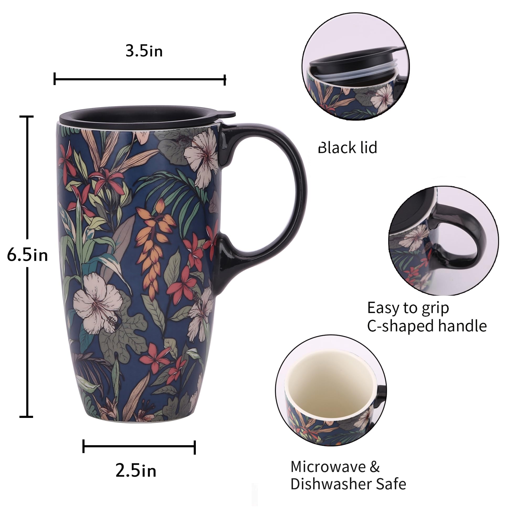 TZSSP Coffee Ceramic Mug Porcelain Latte Tea Cup With Lid 17oz. Blue,Mother's Day Mug