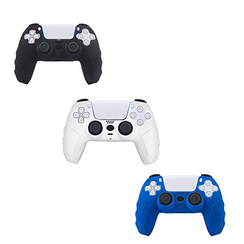 PS5 PlayStation 5 DualSense Wireless Controller Silicone, Non-Slip, Sweat-Proof Skin Covers, Pack of 3 colors (Black, Blue & White), plus 6 Analog Grips in three different sizes
