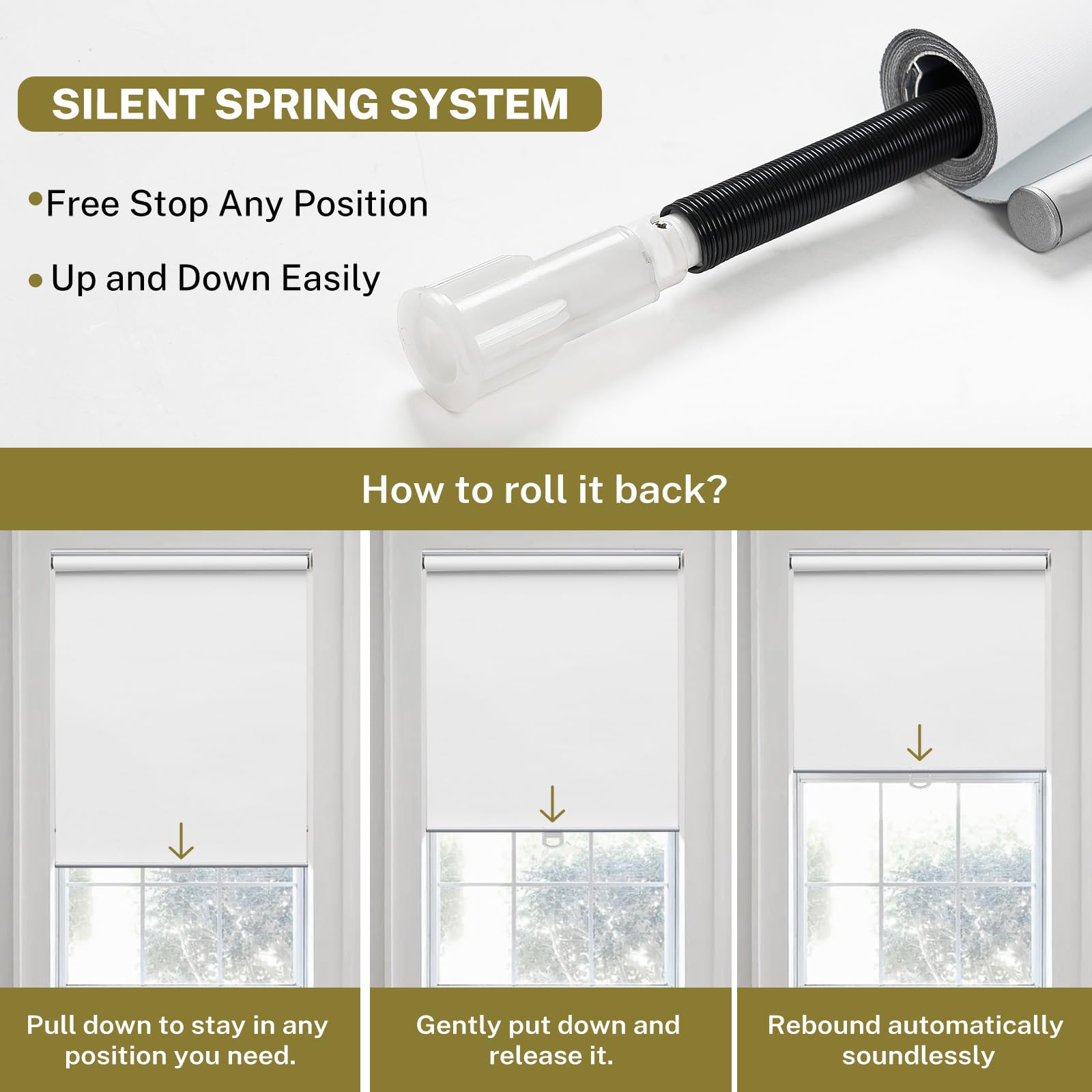 Moonice Free-Stop Cordless Roller Shades for Windows Cordless Window Blinds Spring Lifting Roller Blinds with Thermal Insulation Shades for Home Office Living Room Bedroom, Easy to Install, Grey