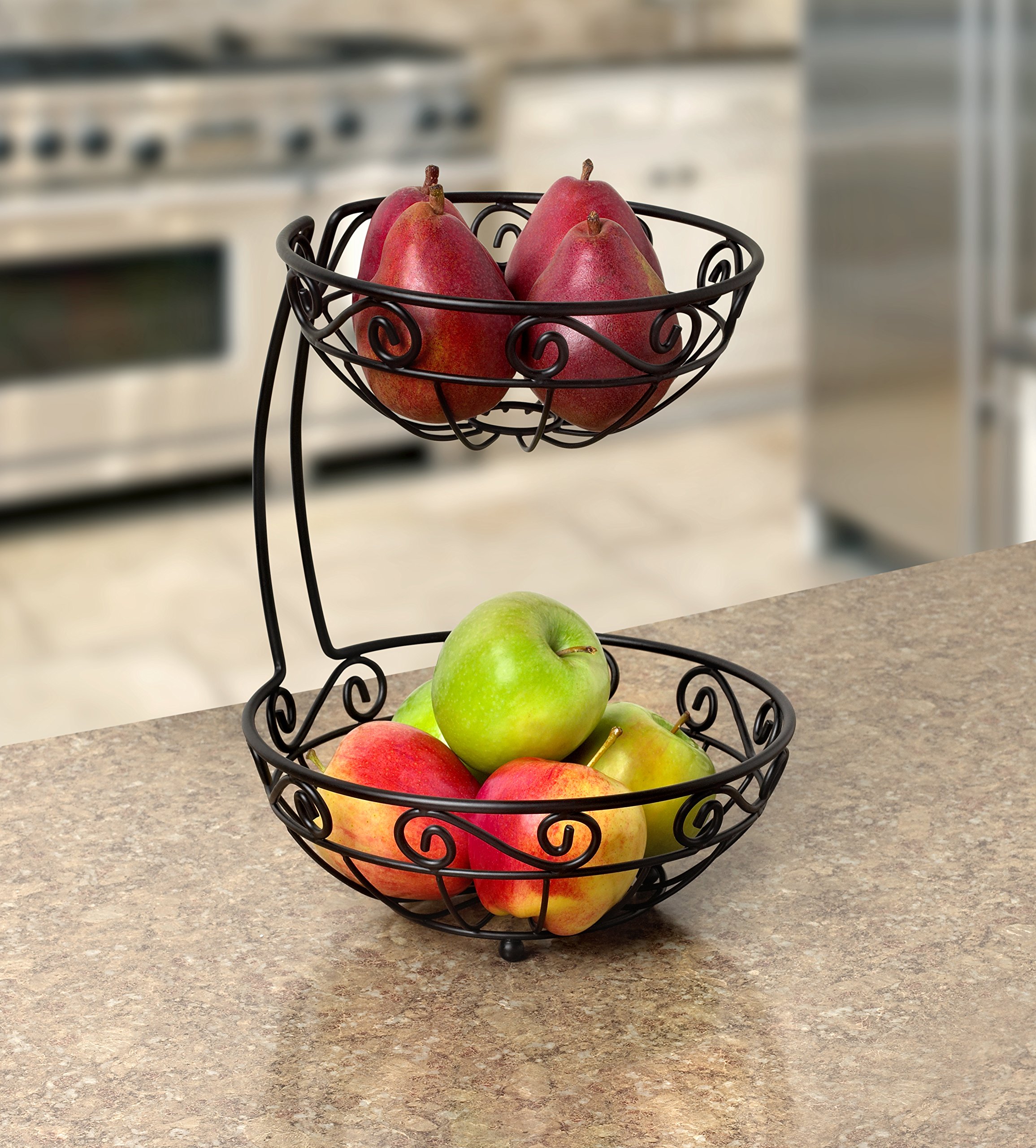 Spectrum Scroll Fruit Stand 2-Tier (Black) - Kitchen Counter Organizer for Produce & Food Storage