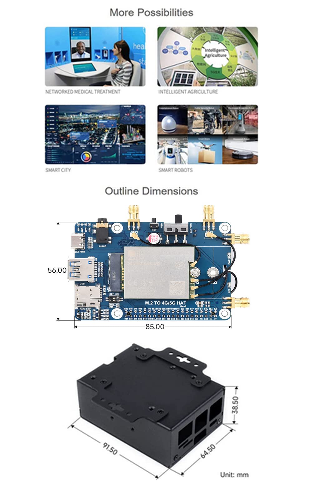 XYGStudy 5G/4G/3G SIM8262E-M2 5G HAT for Raspberry Pi, Quad Antennas 5G NSA Multi-Band, with Protection Case Kit (SIM8262E-M2 5G HAT (with case))