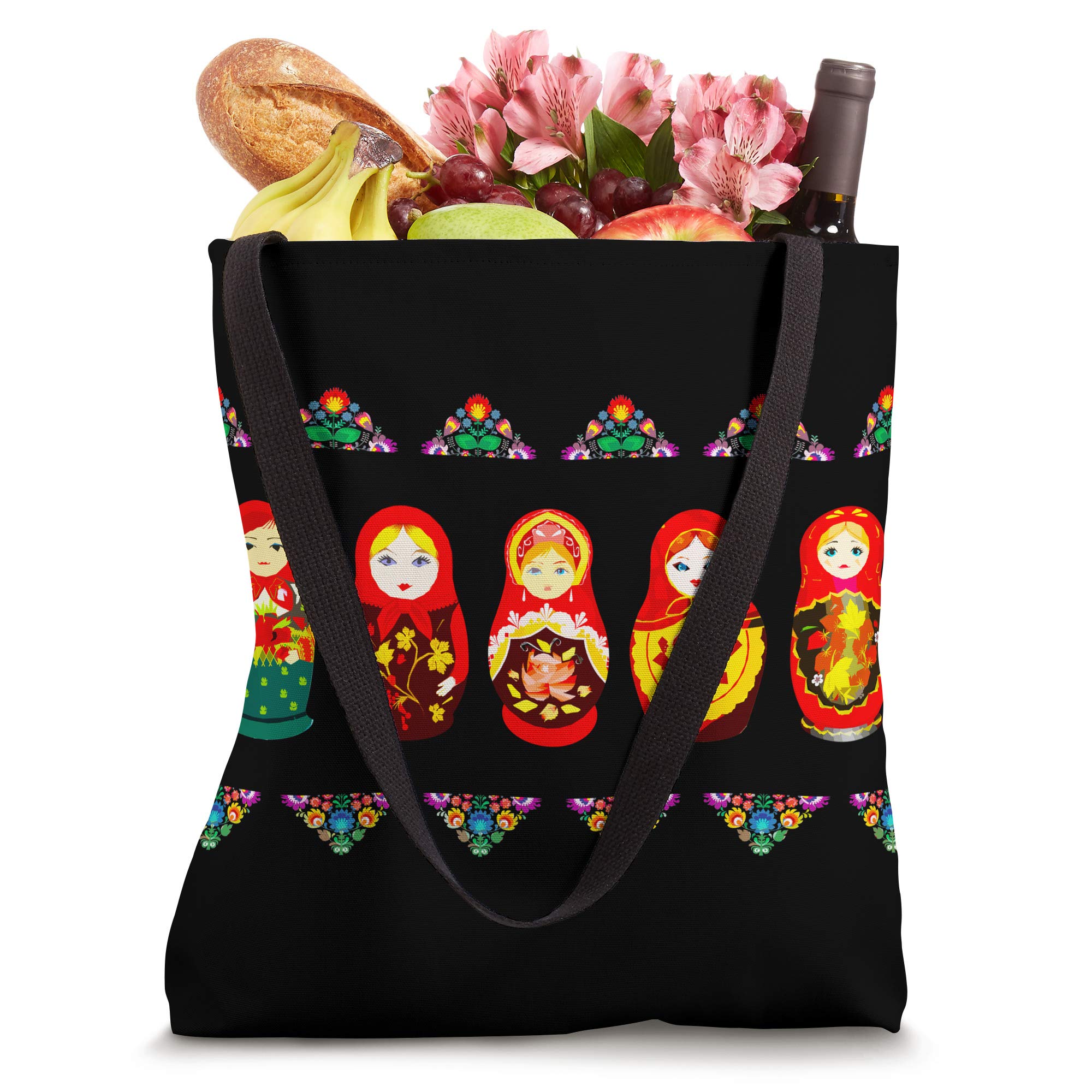 Russian Matryoshka Babushka Flowers Nesting Do Black Tote Bag