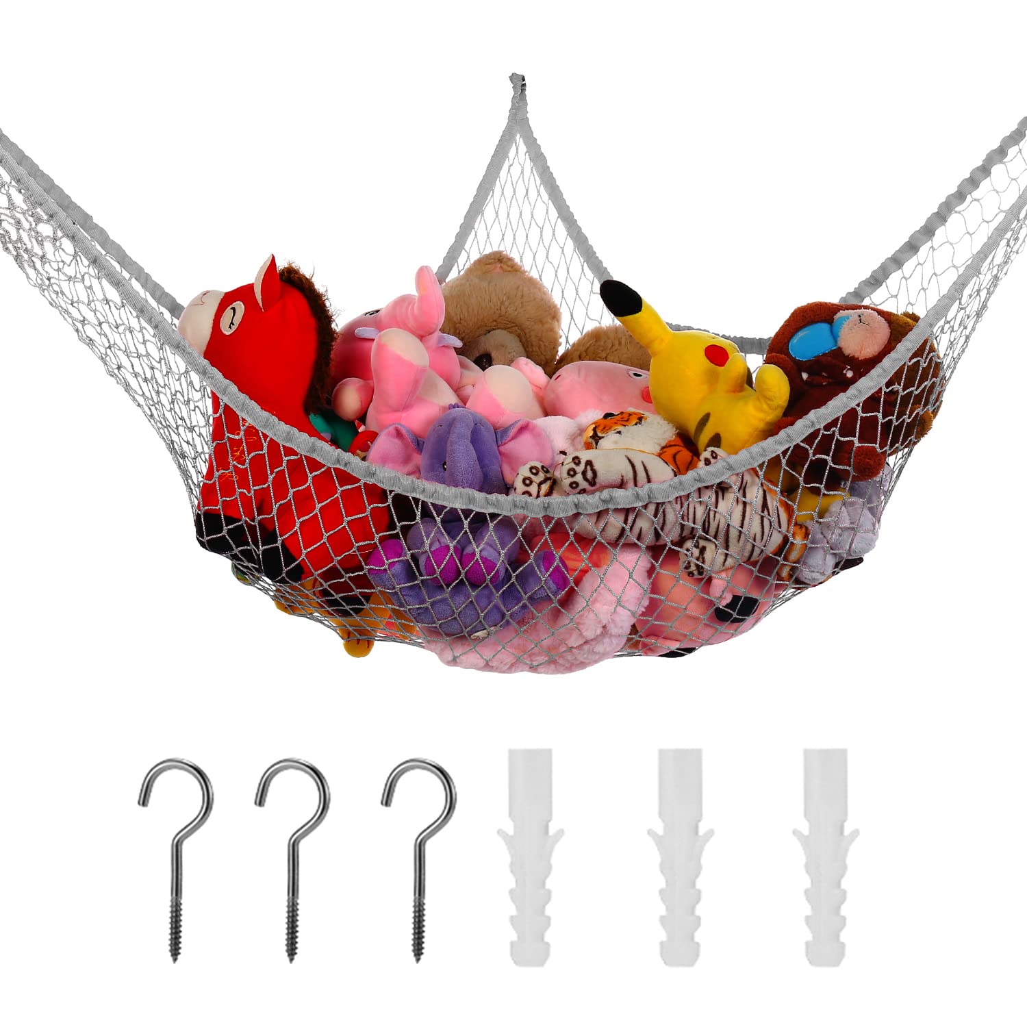 Net for Stuffed Animals, Meirenda Stuffed Animal Hammock or Net Jumbo Stuffed Toy Net Storage Organizer Kids Sling Corner Wall Mesh Toy Hammock for Stuffed Animals (Gray, 70 inch)