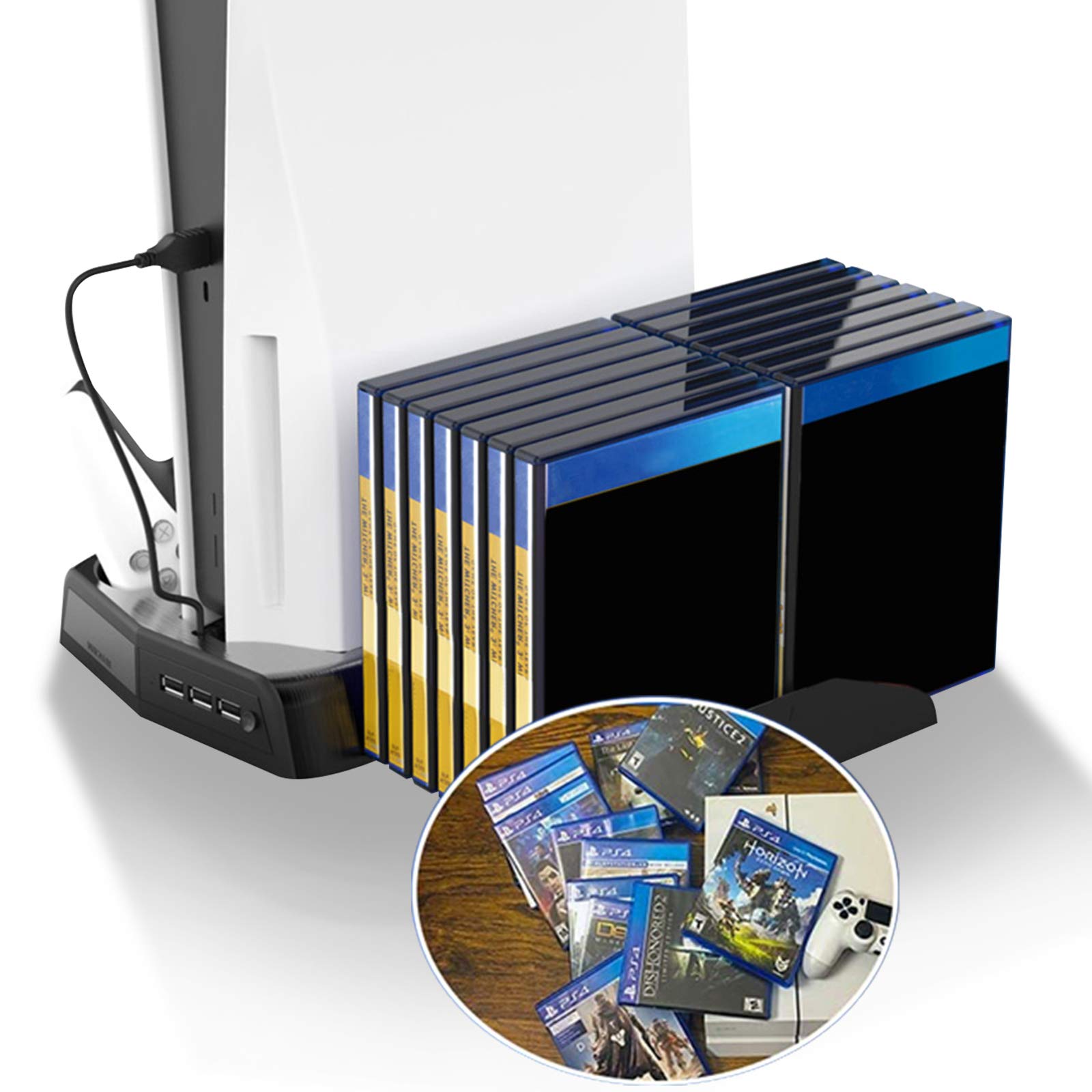 PS5 Stand with Cooling Fan, PS5 Cooling Station for Playstand 5 Console Digital Edition/Ultra HD,Dual Controller Charger PS5 Vertical Charging Stand with LED Indicators and 14 Game Card Slot Organizer