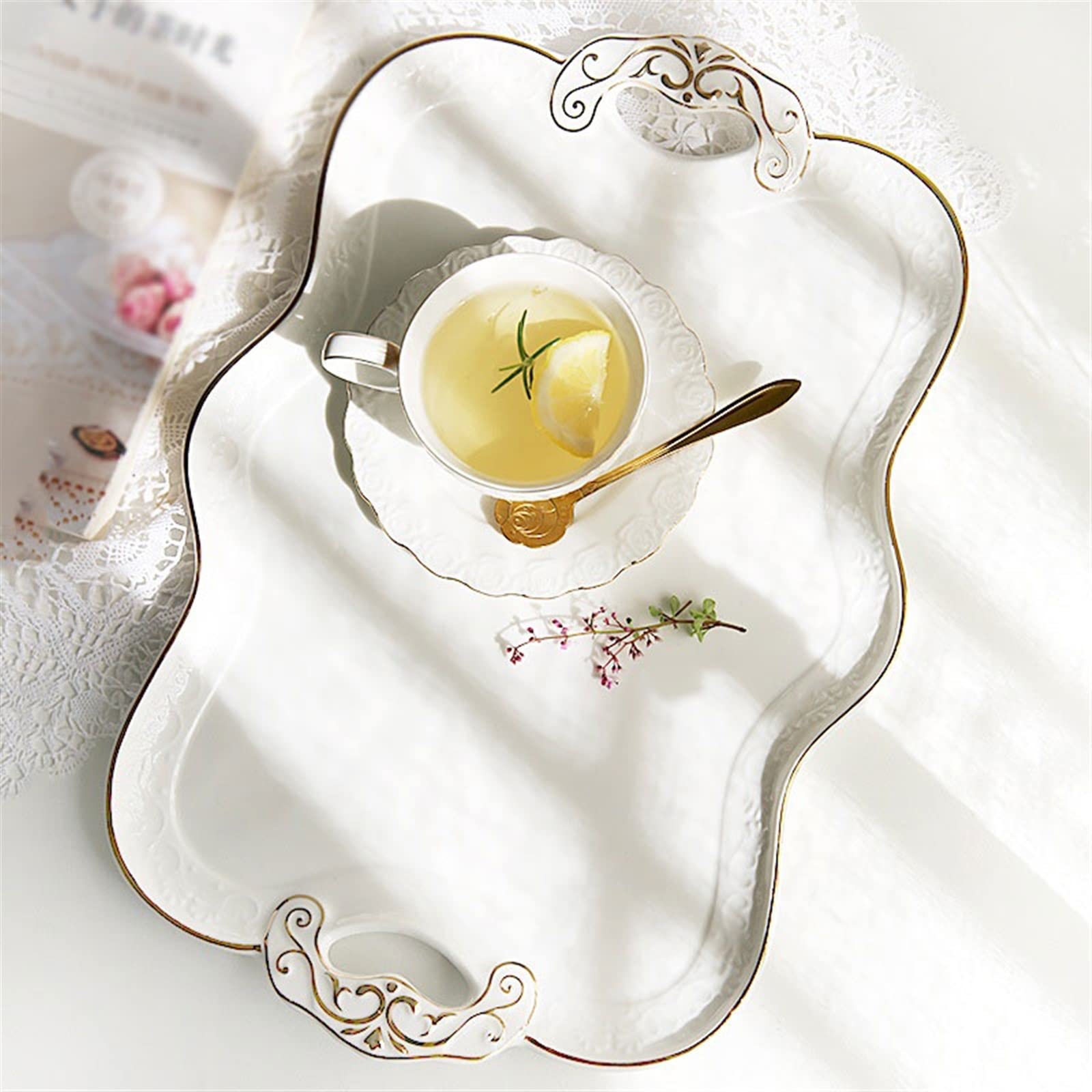 Serving Tray Ceramic European Rectangular Tray Home Service Tray Double Handle Design Tea Set Tray Decorative Tray (Color : 1)