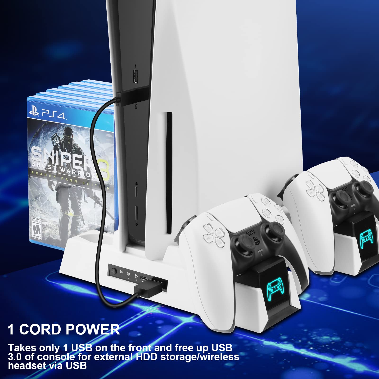 PS5 Accessories, PS5 Stand with Cooling Fan and Dual Controller Charger, Playstation 5 Digital & Disc Edition Vertical Stand, 3 Speeds Fan/Headset Holder/11 Game Slot (White)