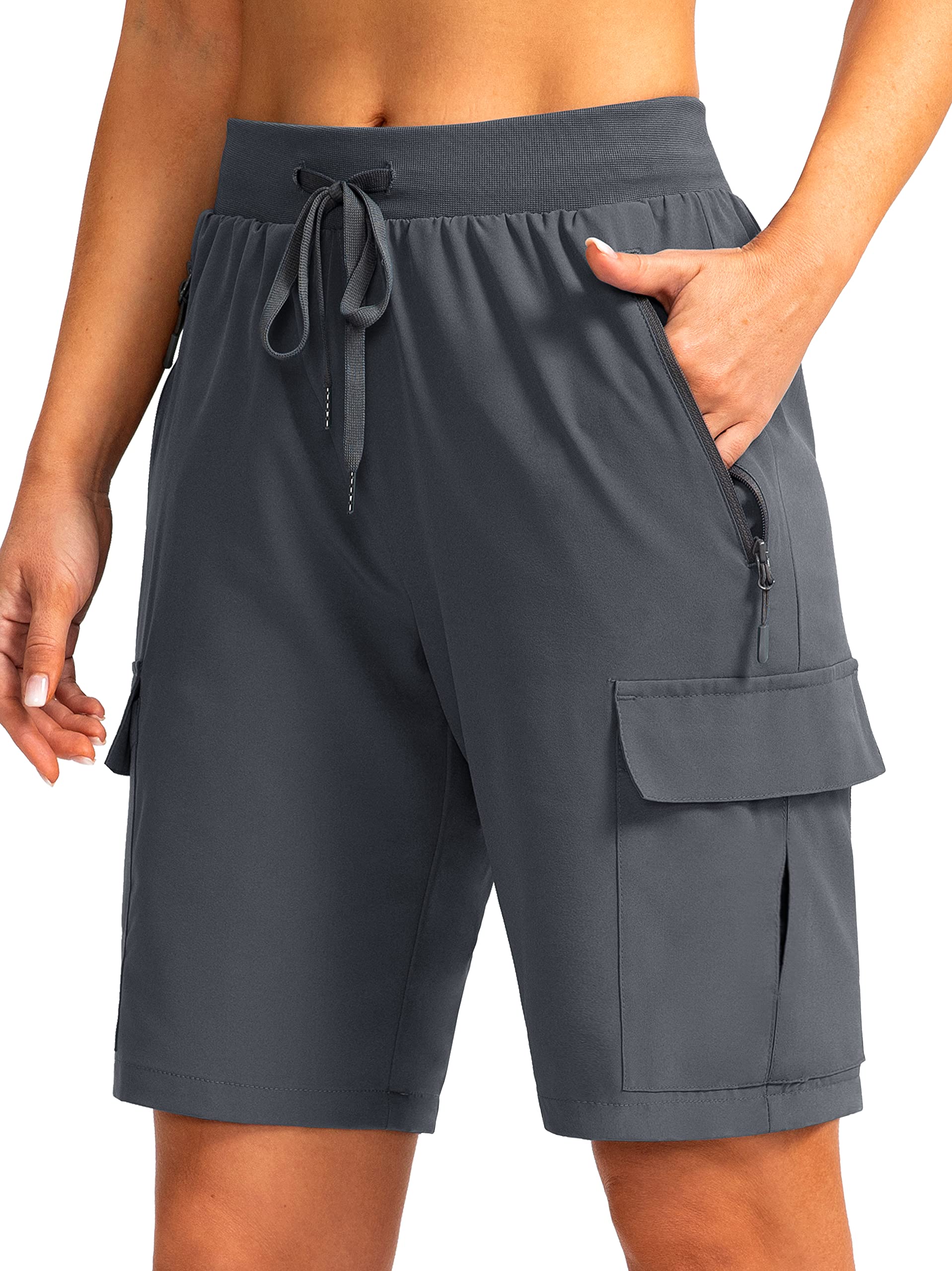 Soothfeel Women's 9" Hiking Cargo Shorts with 5 Pockets Quick Dry Summer Athletic Golf Bermuda Long Shorts for Women Casual (Deep Grey, 3XL)