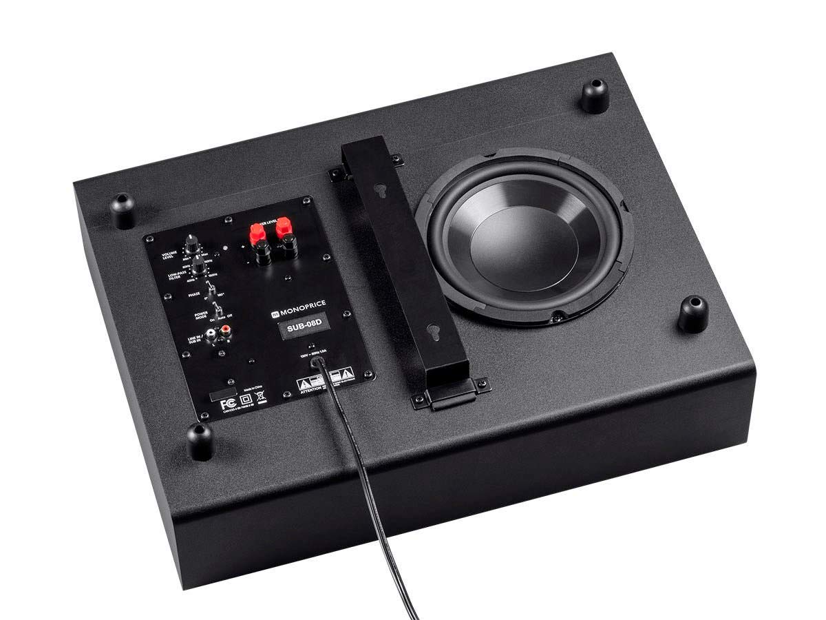 Monoprice SSW-8 Slim Powered Subwoofer - 8 Inch Woofer, 100 Watt, Low Profile, Powerful Amp, Low Pass, RCA and Speaker Level Terminal Inputs, Black