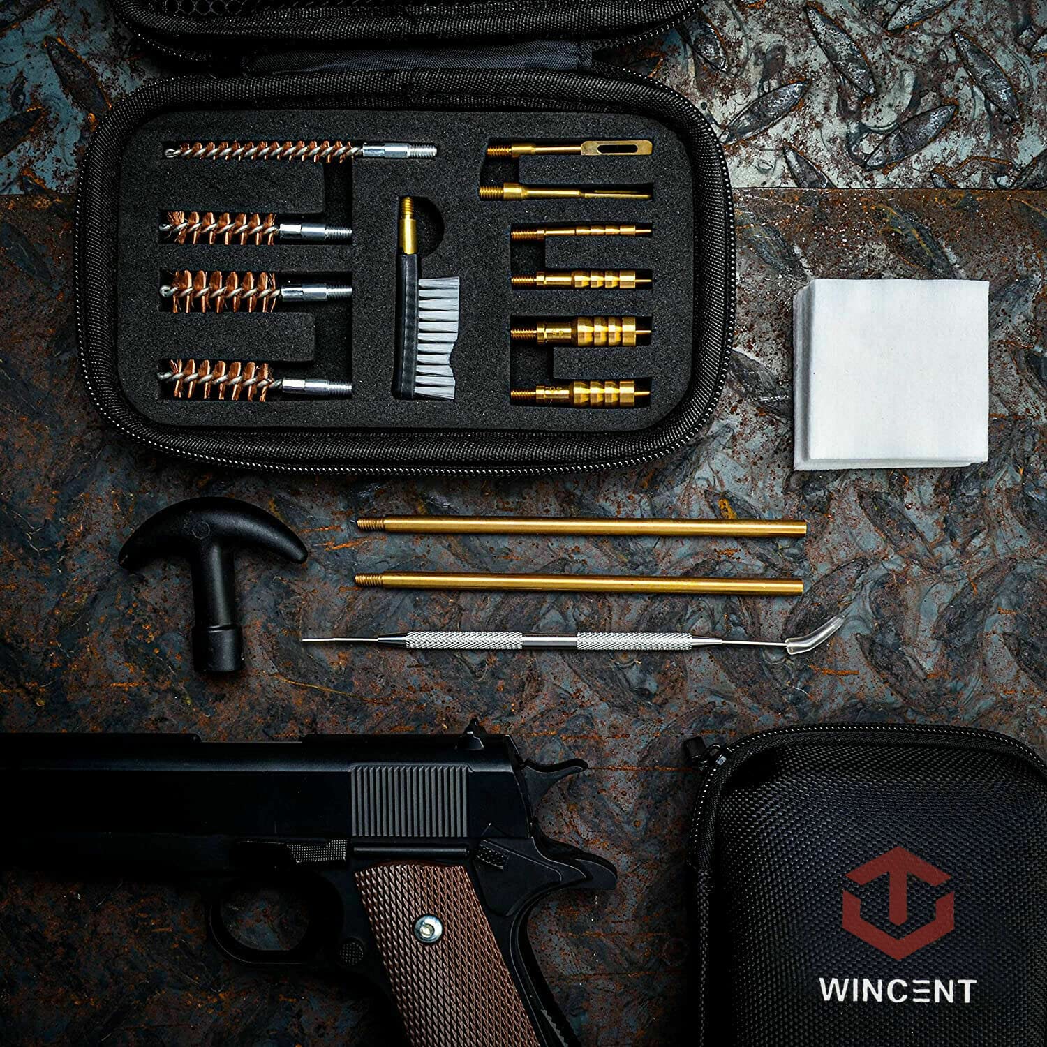 WINCENTPRO Gun Cleaning Kit, Universal Handgun Cleaning Kit for .22 .357/.38/9mm .40 .45 Caliber Pistol Cleaning Kit for All Guns with Carrying Case Portable Bronze Bore Brush