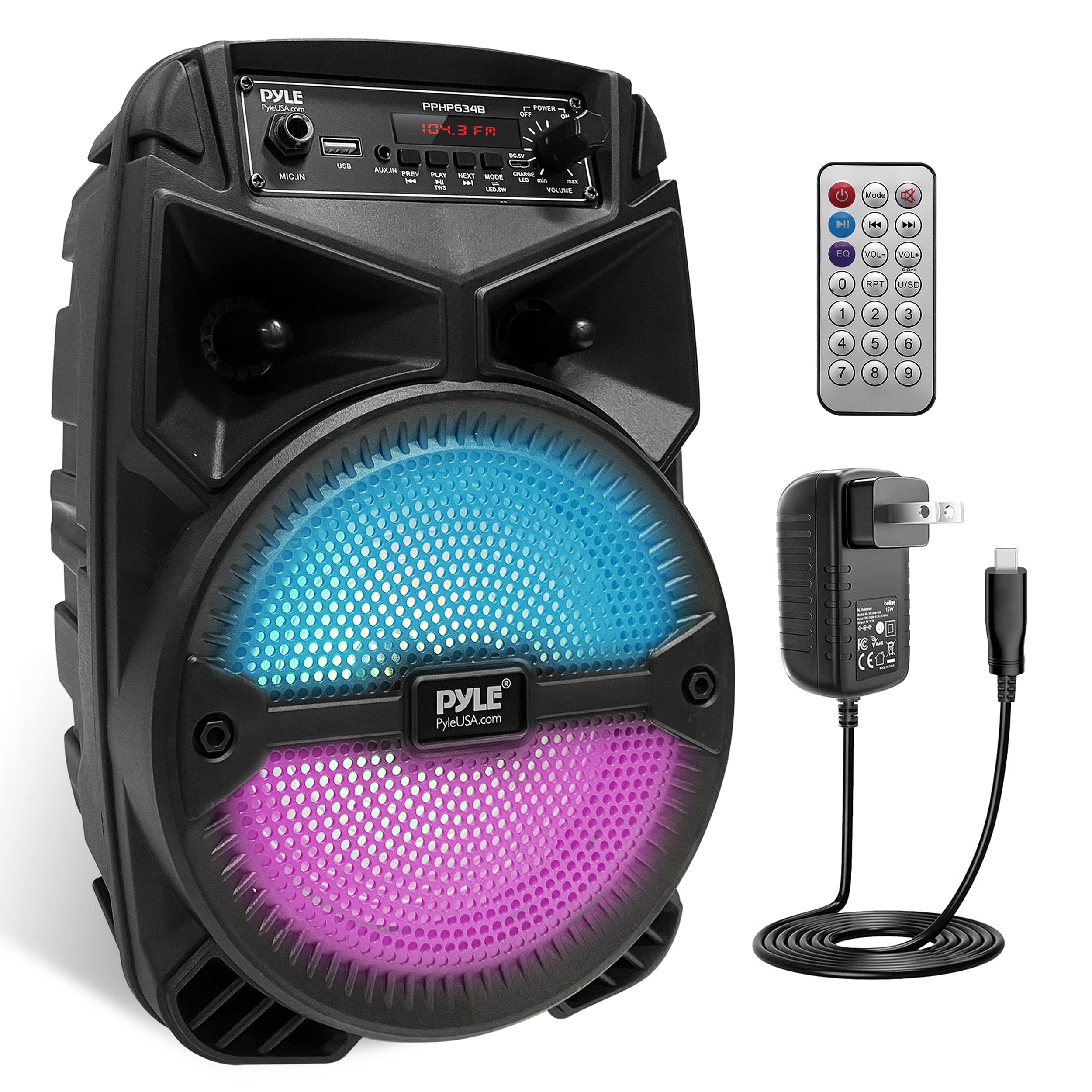 Pyle 240W Rechargeable Outdoor Bluetooth Speaker Portable PA System w/ 6.5โ Subwoofer 1โ Tweeter, Microphone In, Party Lights, MP3/USB, Radio, Remote - Pyle PPHP634B