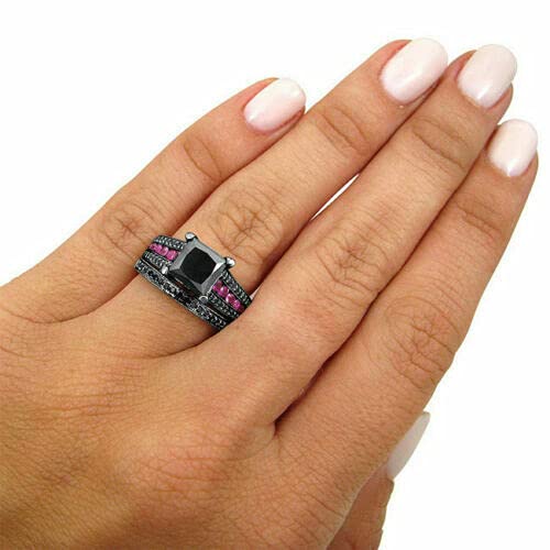 Princess & Round Cut Black Diamond & Pink Sapphire 14K Black Gold Plated 925 Sterling Silver Gothic Classic Black Bridal Set For Women's. (8)