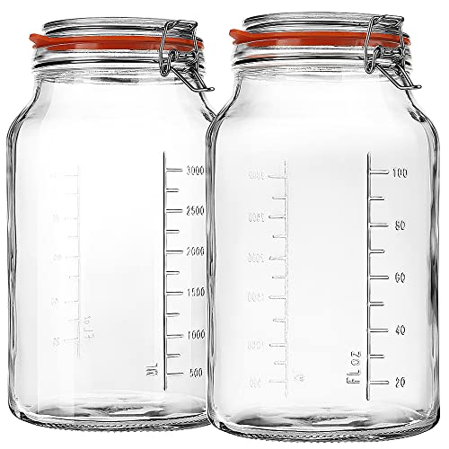 Super Wide-Mouth Glass Jars with Hinged Lids, 1-Gallon (4100 ML) Leak Proof Glass Canning Jars with Airtight Lids and 2 Measurement Marks. Large Capacity, Sturdy For Canning, Overnight Oats, 2-Pack