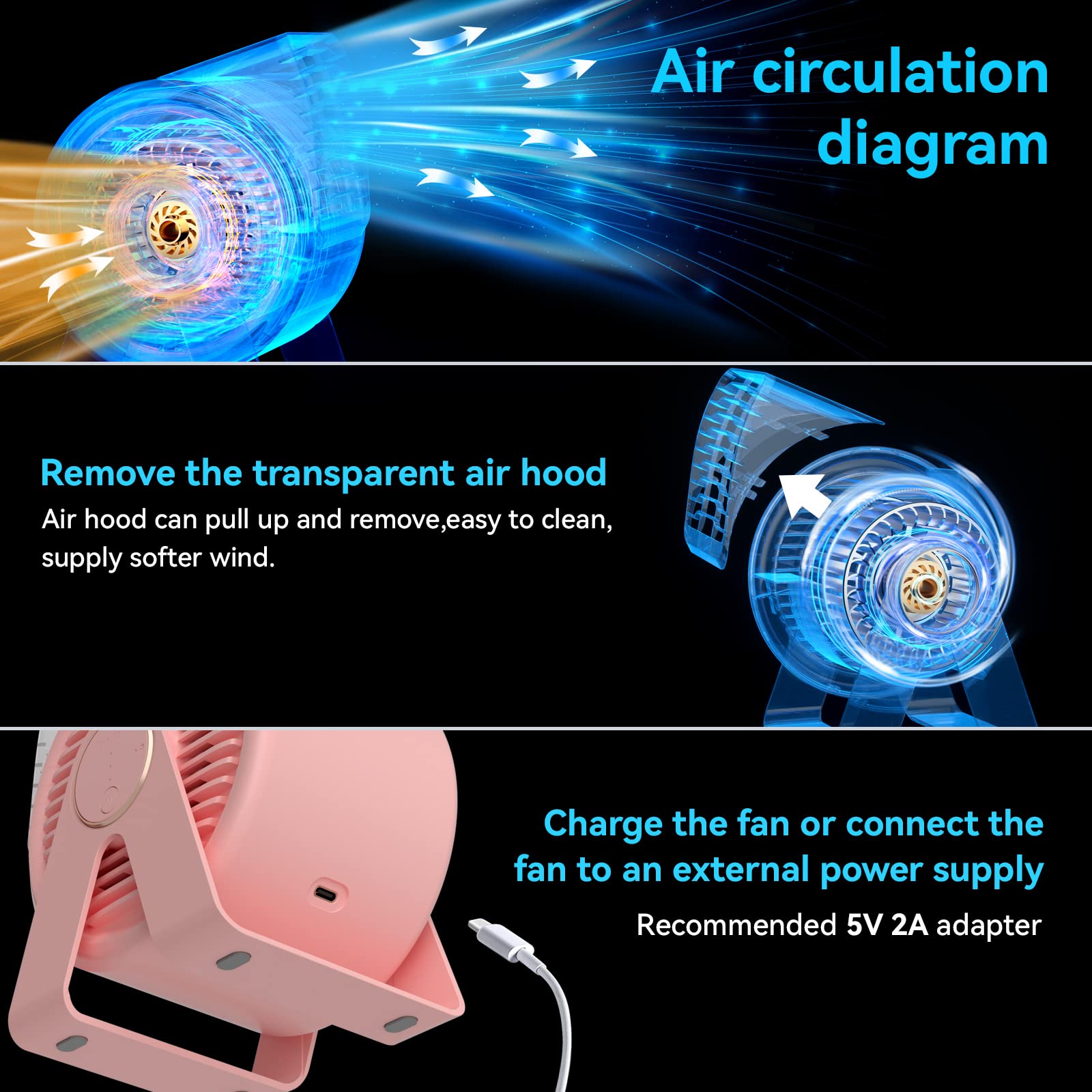 Misby Usb Small Desk Fan, Portable Fans with 3 Speeds Strong Airflow, 5.5 Inch Quiet Table Fan, 60° Rotate Personal Cooling Fan For Bedroom Home Office Desktop Travel (Pink)