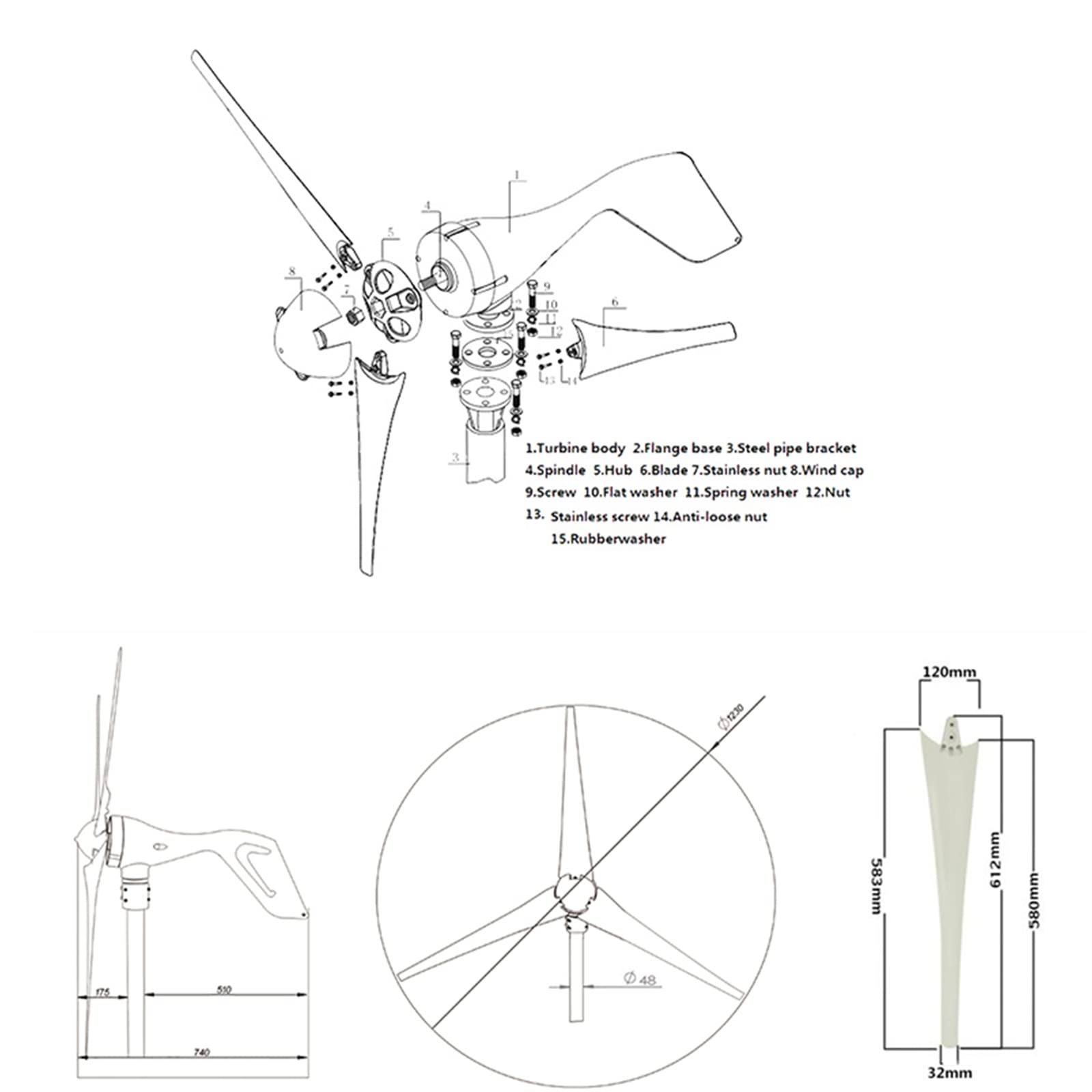 QAZNHODDS 4000W Wind Turbine Generator kit 24v Wind Industrial Machinery Equipment with Wind Boosting Controller 5 Blades Horizontal Axis Permanent Magnet Generator for Home Street,Three Blade,48v