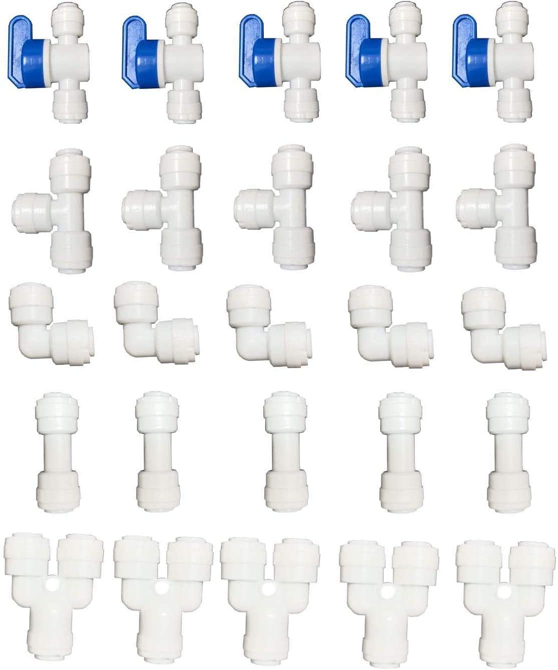 XINWOO 1/4" Quick Connector,Push to Connect Fitting Ball Valve,Tee,Straight Union,Eblow Union Tube,for RO Systems, Filter,Water Purifiers 25Pcs(T+L+Y+S+Valve)