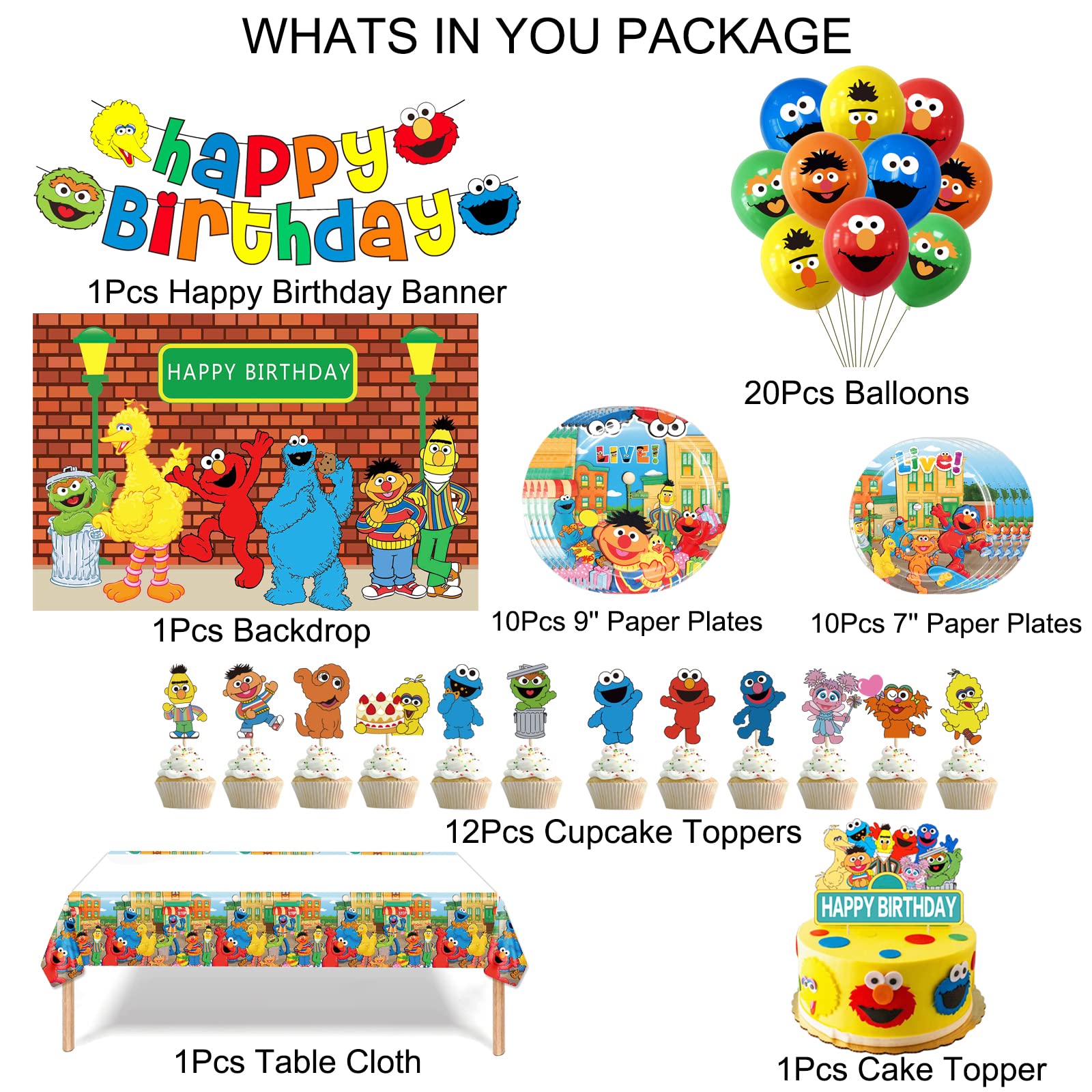 Sēsame Strēet Birthday Decorations for Birthday Party, Include Banners, Backdrop, Cake Topper, Tablecloth, Paper Plates, Cupcake toppers, Balloons