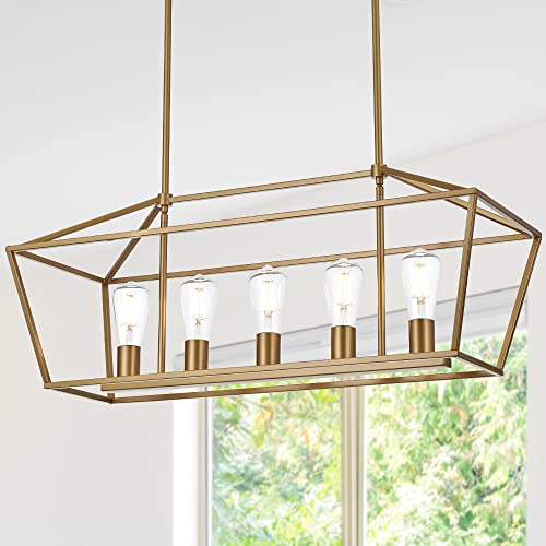 VINLUZ 5 Light Modern Kitchen Island Light in Gold Finish,Industrial Hanging Pendant Lighting Fixture with Metal Frame Linear Lantern Chandelier for Dining Room Foyer Cafe Bar