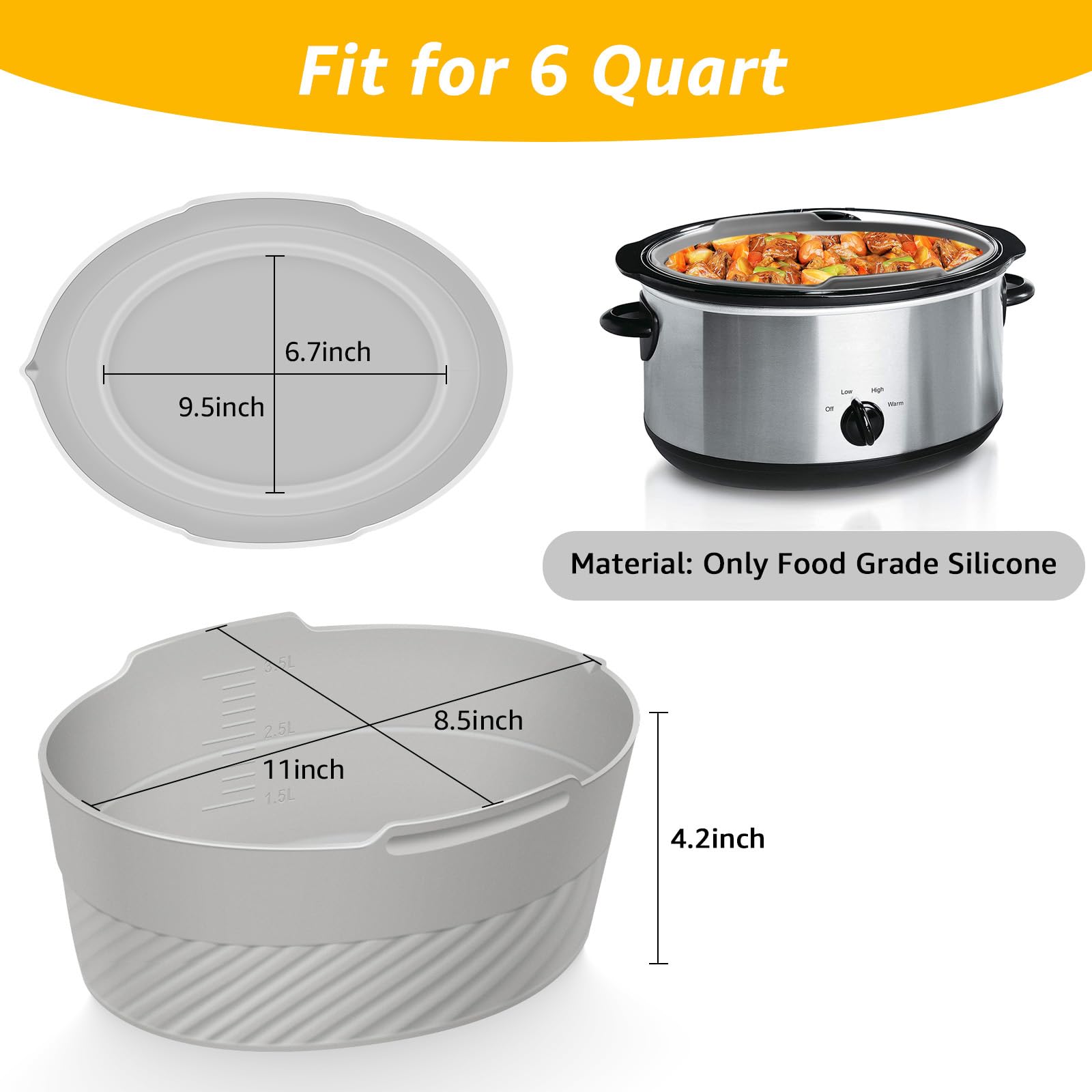 ONEBOM Slow Cooker Liners, Silicone Crockpot Liners for 6 QT Oval, Reusable丨Leakproof丨Large Instant Crockpot Liners for Kitchen Use, Foldable Dishwasher Safe Crockpot liner(Grey)