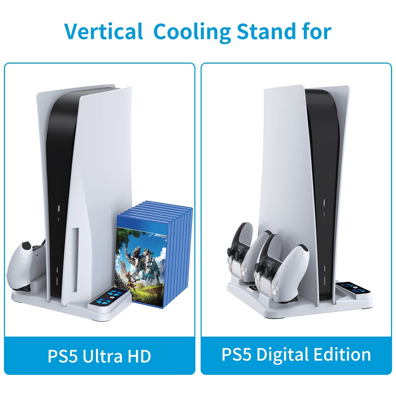 PS5 Stand with Cooling Fan and Dual Controller Charger Station for Playstation 5 UHD & DE, Playstation 5 Vertical Cooling Stand, with Charging Dock Station&8 Games Storage, 2 IN1 Cable Included, White