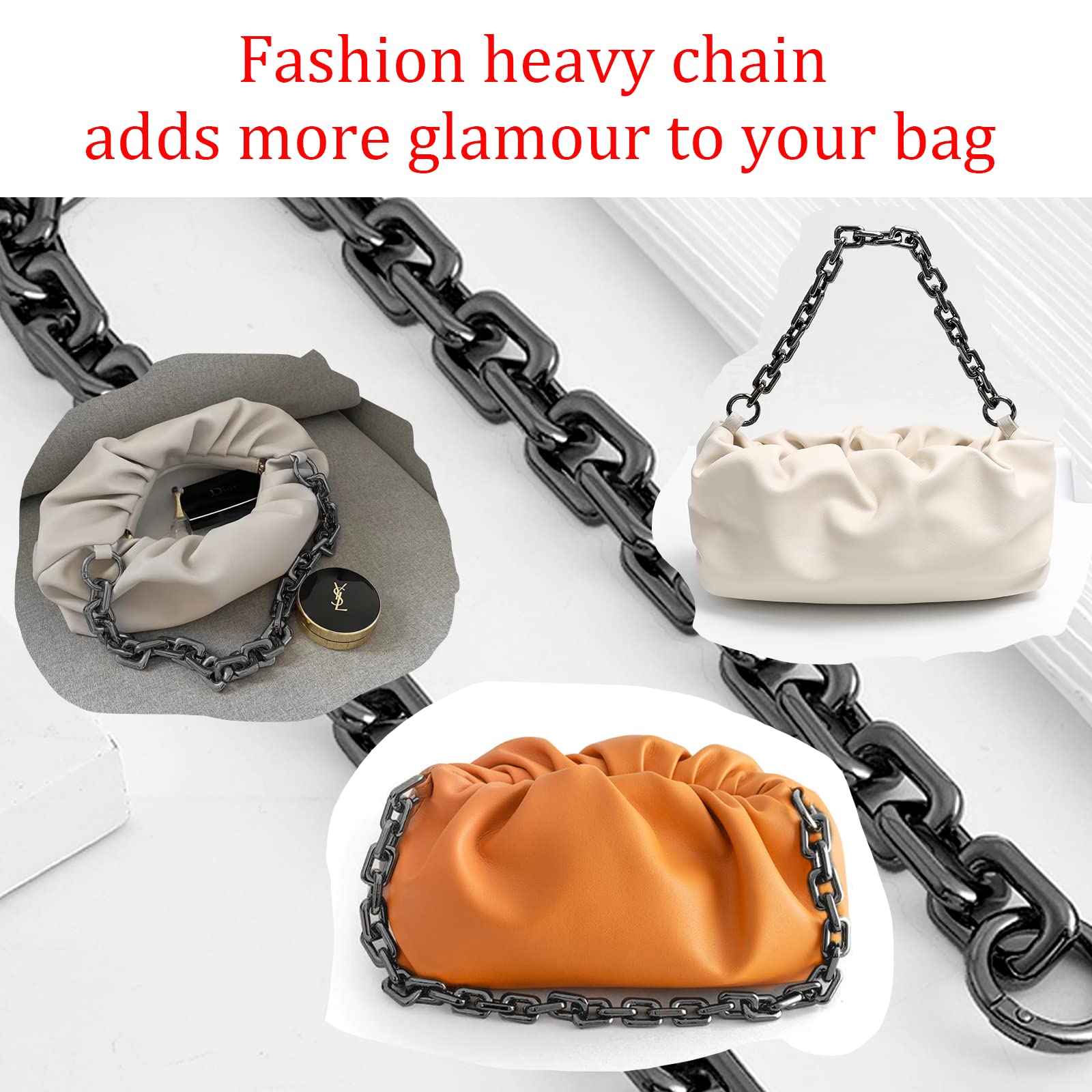 TOURDREAM Black Chunky Bag Chain, Metal Purse Handle, Heavy Handbag Shoulder Strap Replacement Dumpling Cloud Pouch Chain (23.6 Inches, Black)