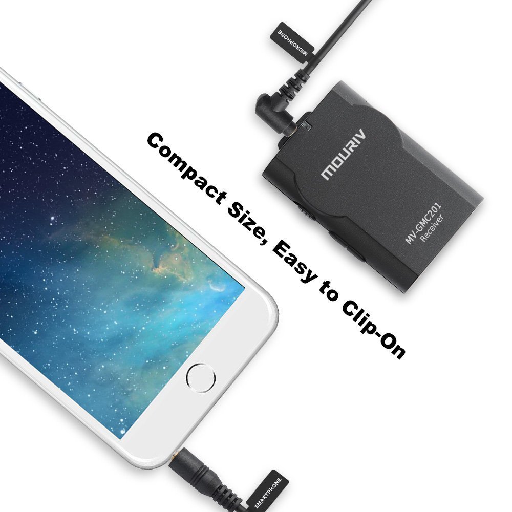 MOURIV MV-GMC201 2.4G Wireless Lavalier Microphone System Compatible with iPhone 11 X 8 8 Plus 7 6 Smartphone,Canon 6D 600D Nikon D800 D3300 Sony A7 A9 DSLR GoPro Action Cameras