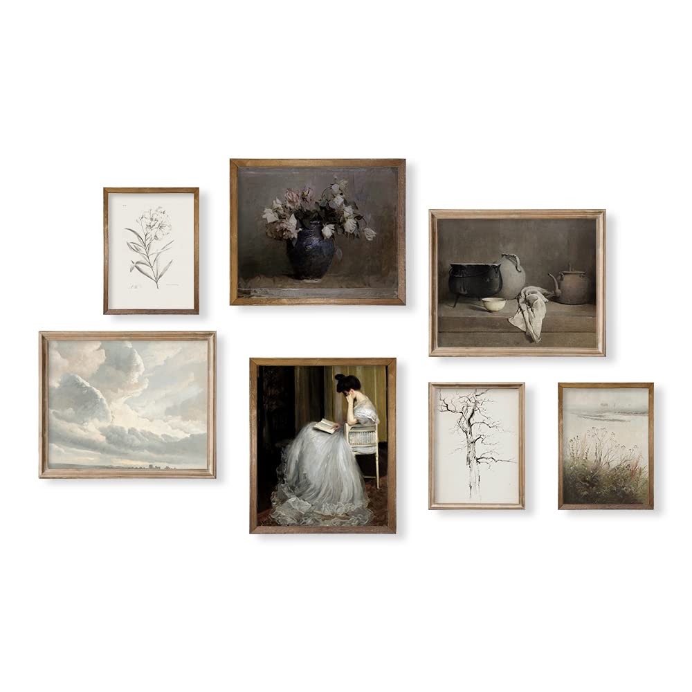 Vintage Boho Farmhouse Wall Art - Neutral Flower Portrait Wall Print for Bathroom Kitchen - Nature Botanical Poster Picture Room Decor, Tree Plant Drawing, French Country Cottagecore Aesthetic Set 7