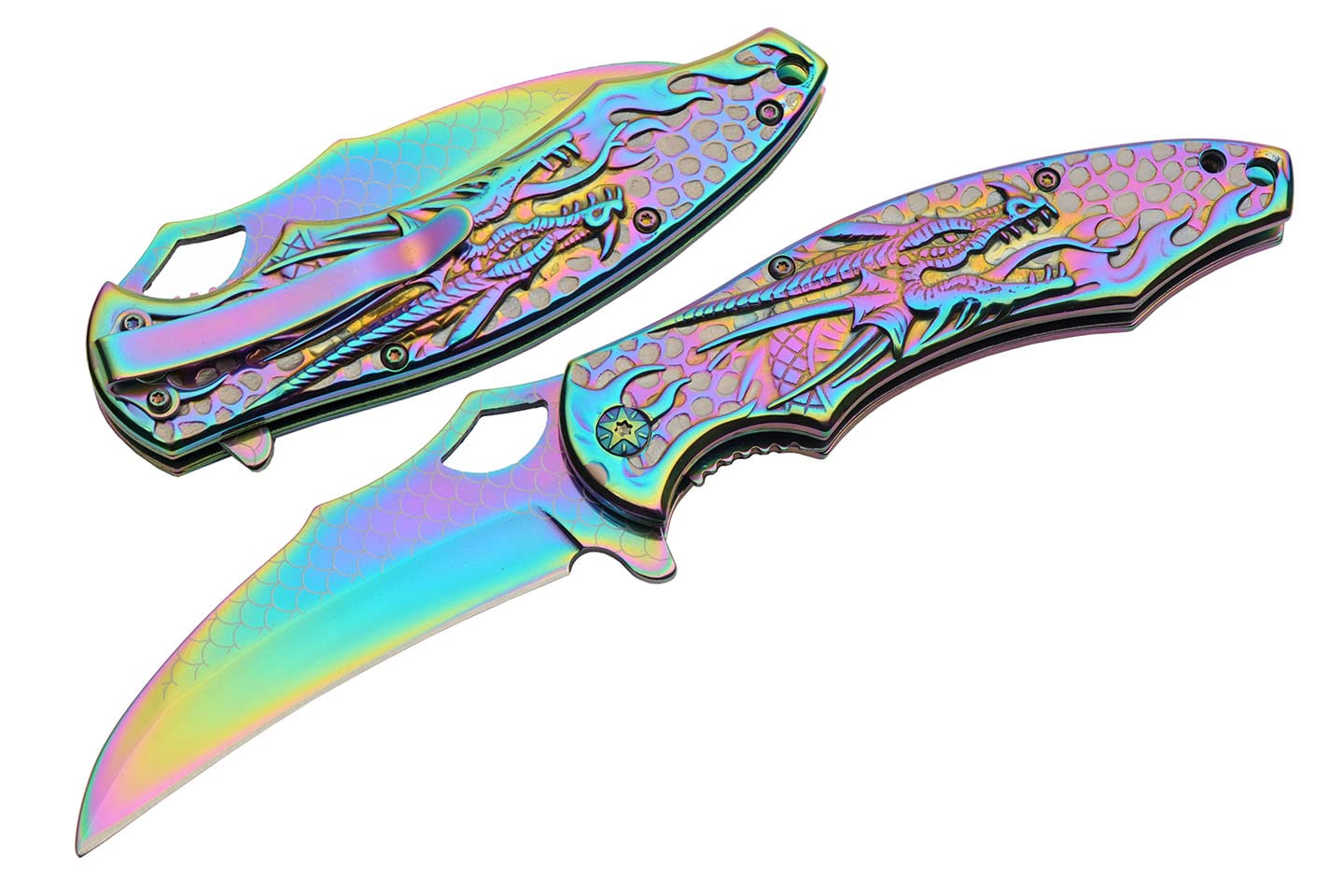 SZCO 8.5â Titanium Finished Rainbow Dragon EDC Folding Knife With Pocket Clip (300580-RB)