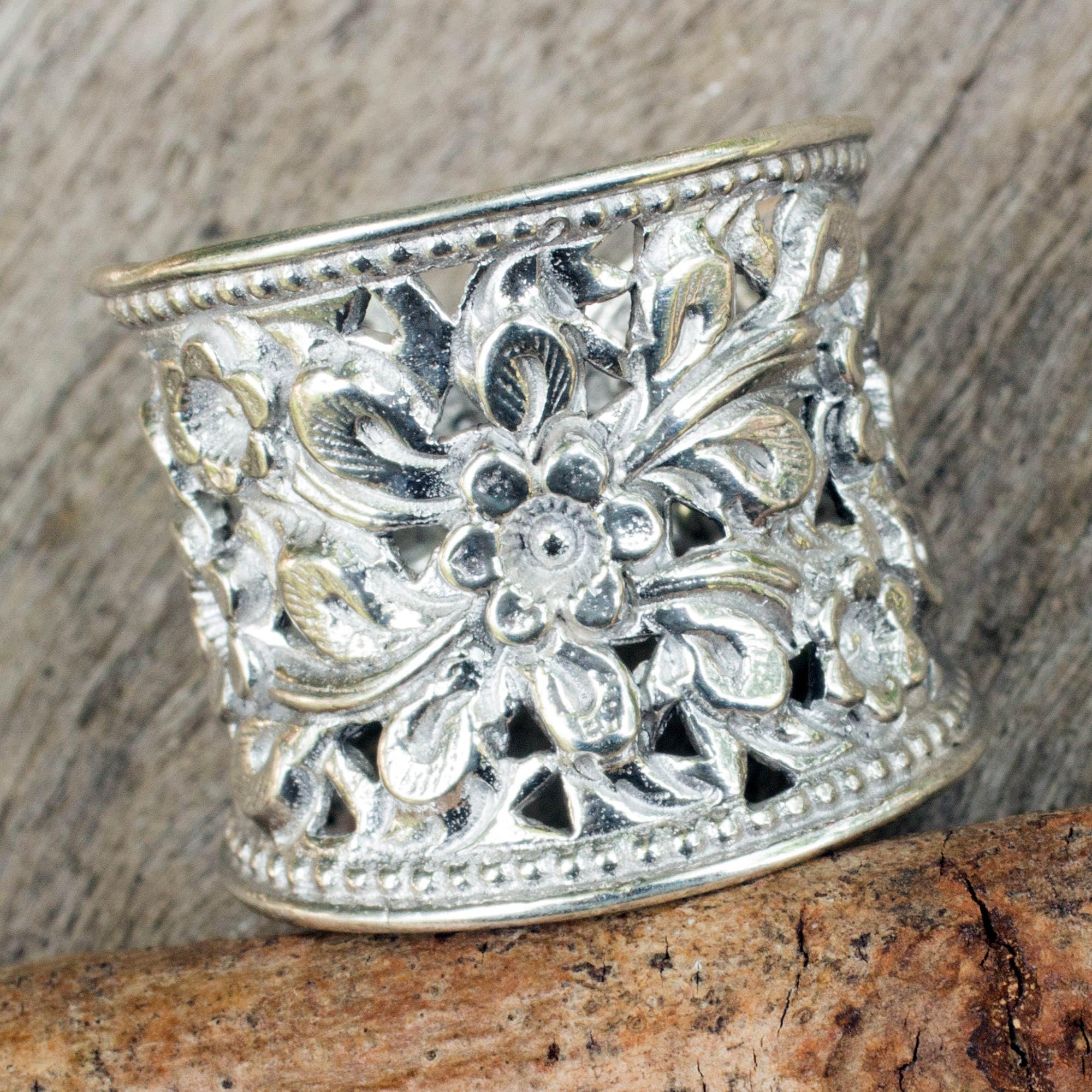 NOVICA Artisan Handmade .925 Sterling Silver Flower Ring Floral Band from Thailand No Stone 'Mae Ping Jasmine'
